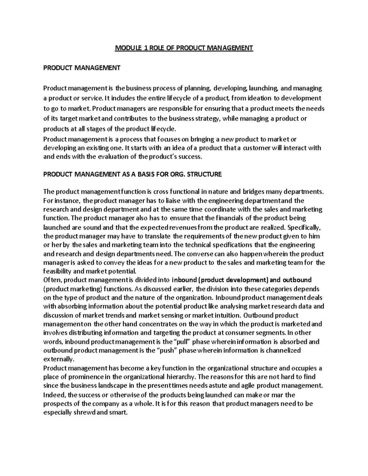 PRODUCT AND BRAND MANAGEMENT - MODULE 1 ROLE OF PRODUCT MANAGEMENT ...