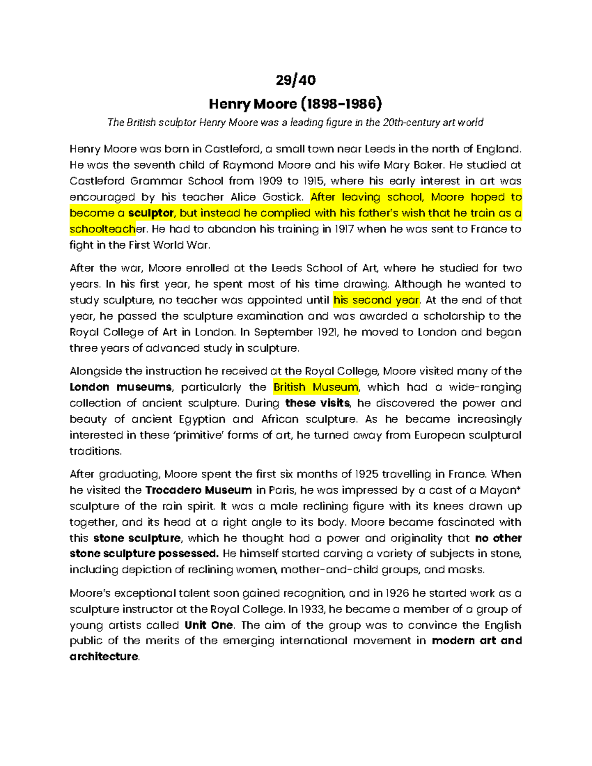 29 - practice reading ielts - 29/ Henry Moore (1898-1986) The British ...