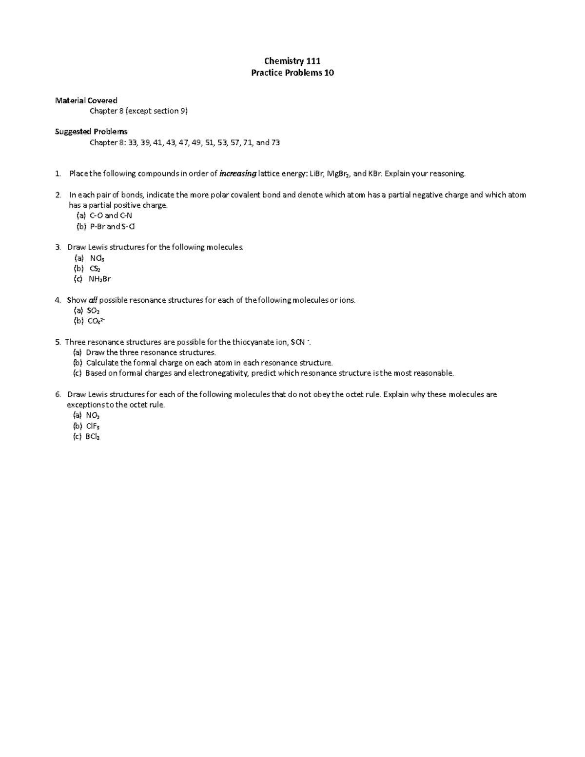 Practice Problems 1 - Chemistry 111 Practice Problems 10 Material ...