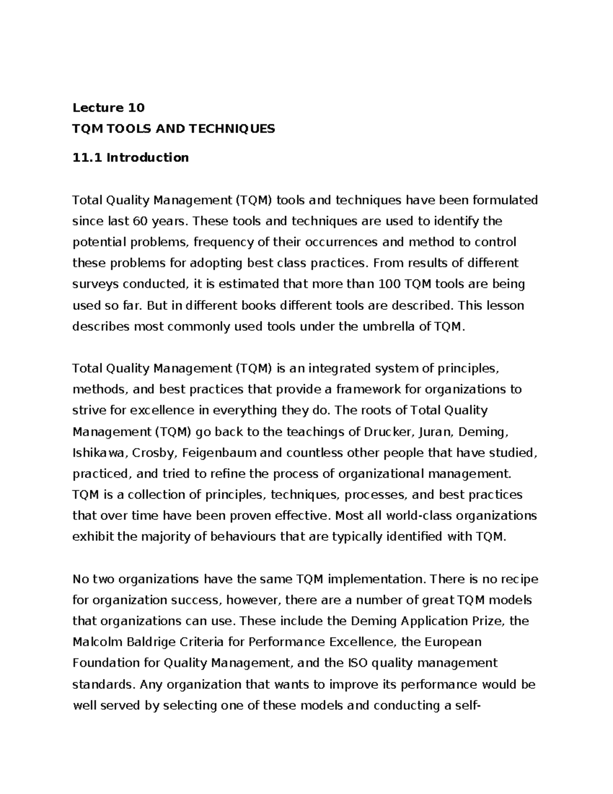 Lecture 10 TQM tools and techniques - Lecture 10 TQM TOOLS AND ...