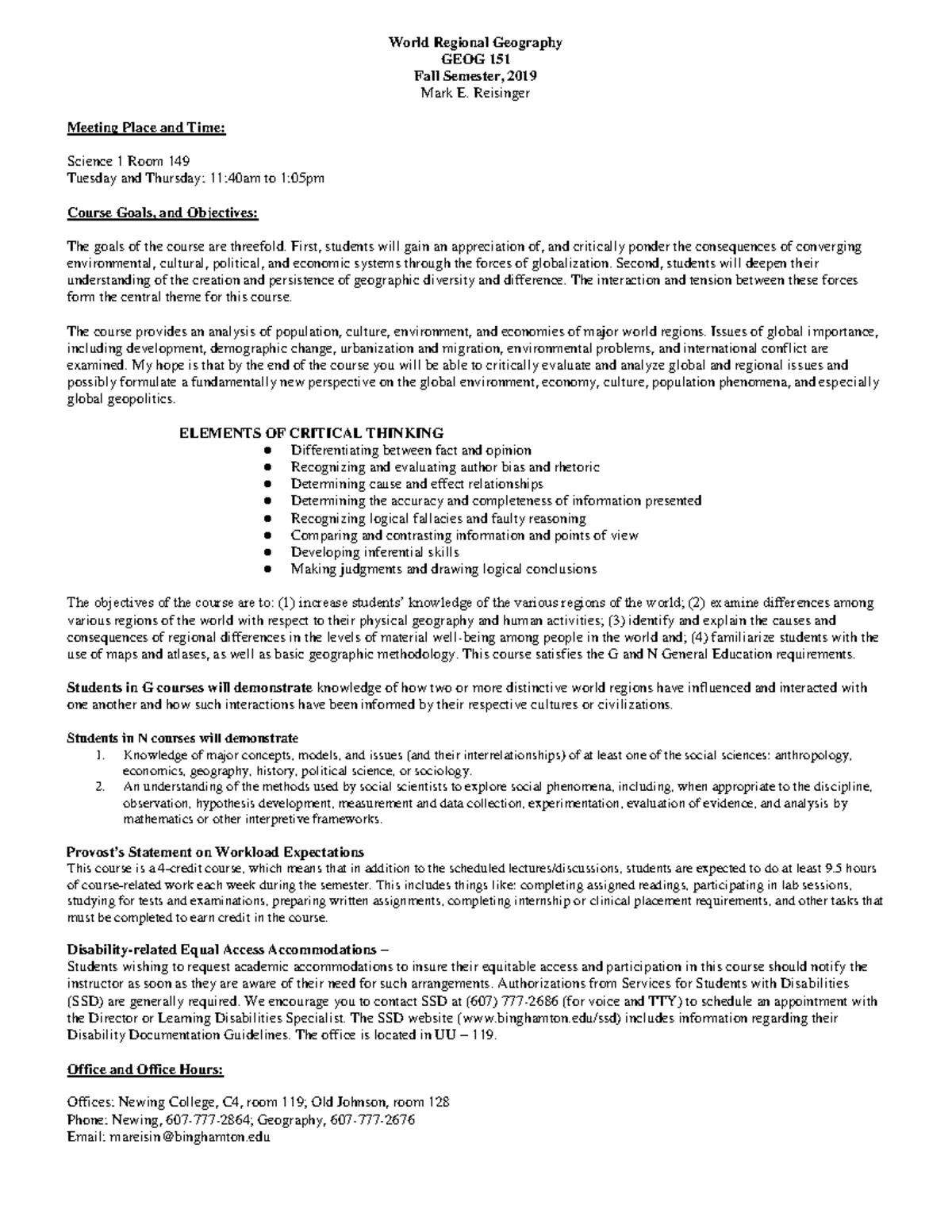 World Geography Syllabus Fall 2019 - World Regional Geography GEOG 151 ...