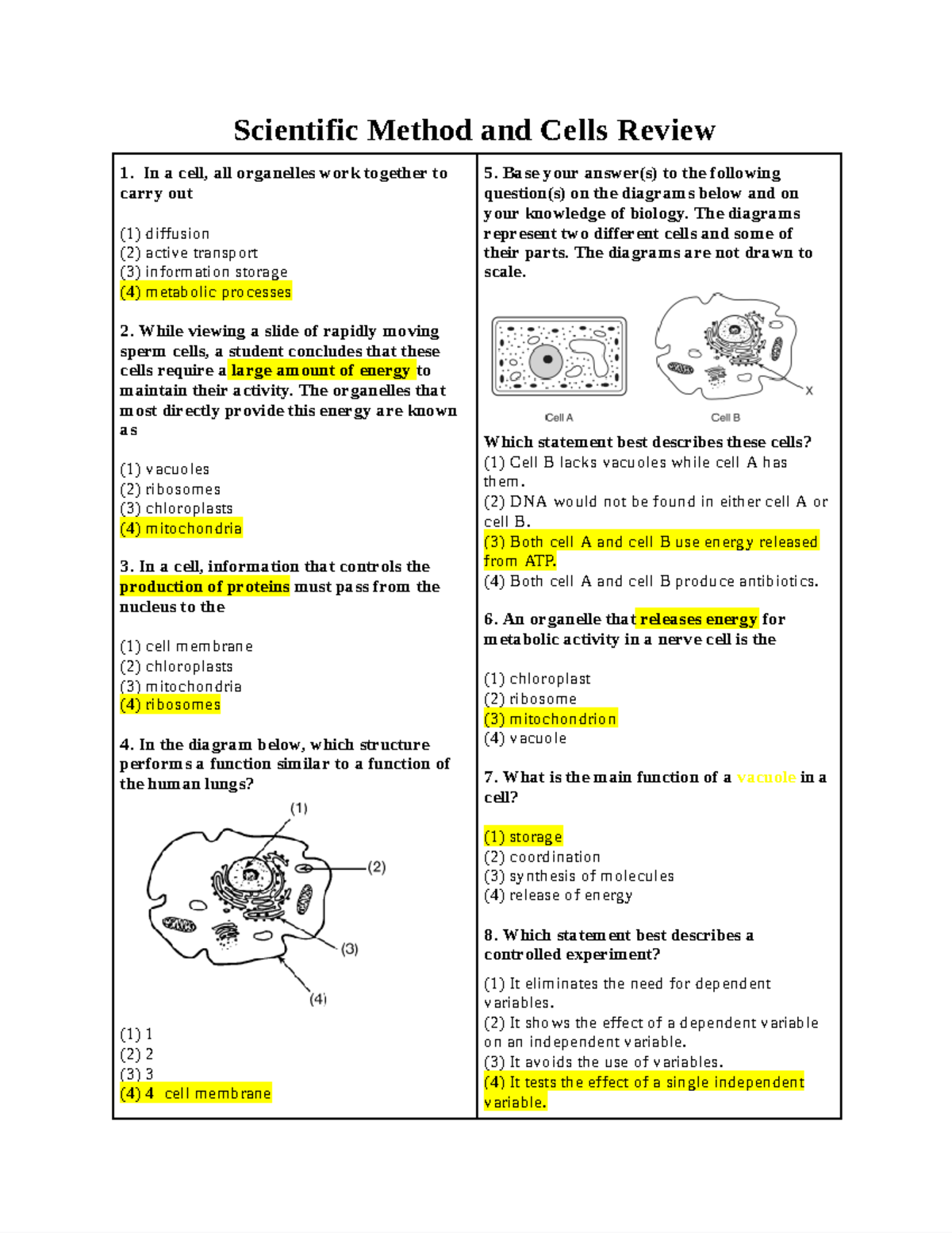 Scientific Method and Cells Review answer key - Scientific Method and ...
