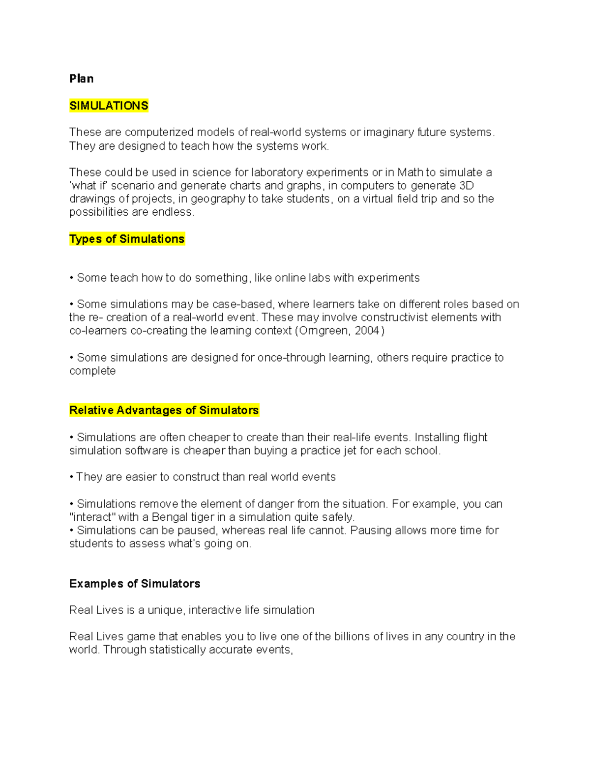 Lecture in Teaching Social Sciences - Plan SIMULATIONS These are ...