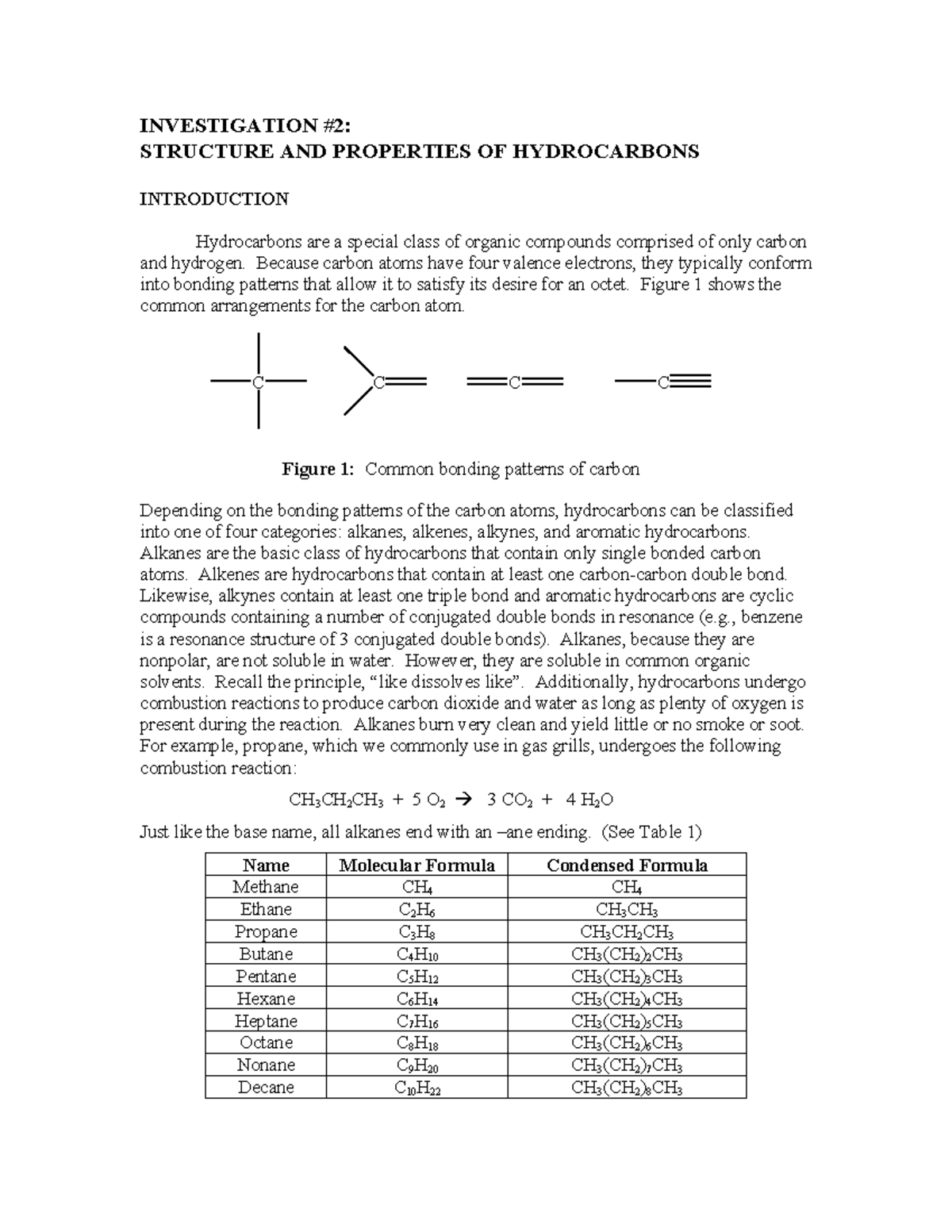 Organic Lab #2 Hydrocarbons - INVESTIGATION #2: STRUCTURE AND ...