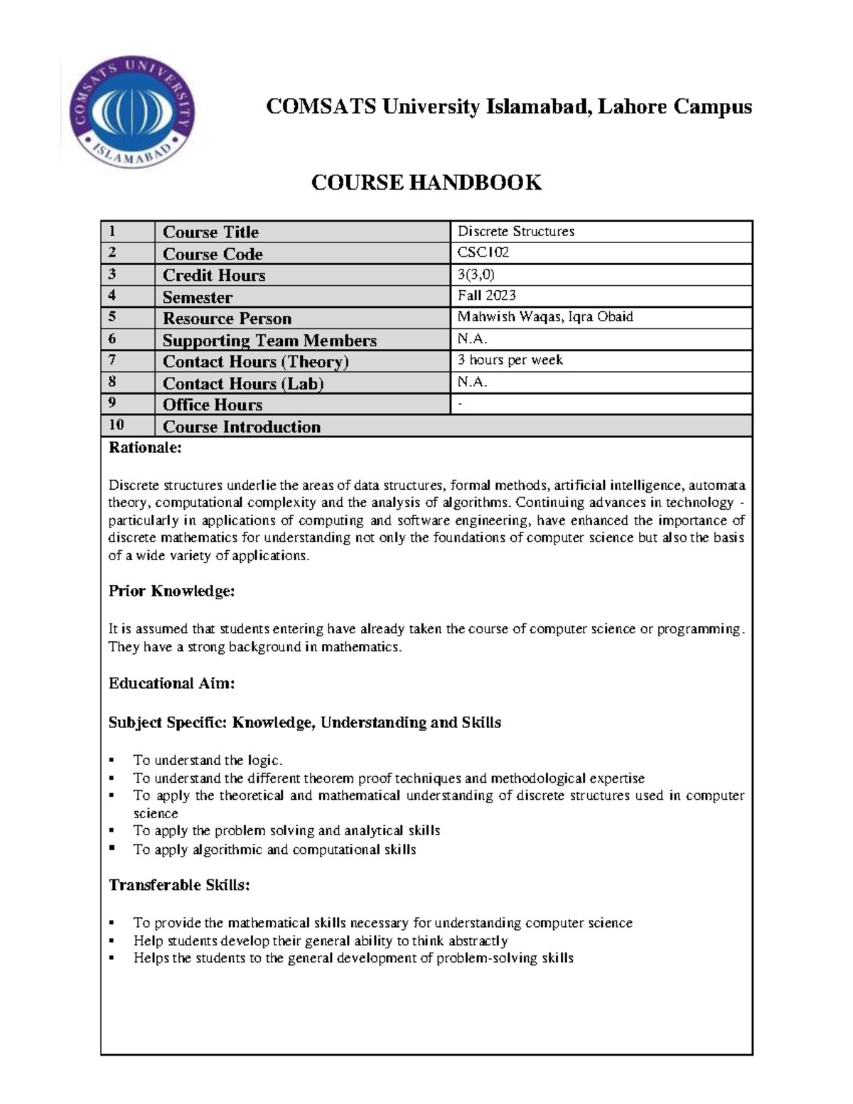 CSC102 Discrete Structures Course Handbook Fall 2023 - COMSATS ...