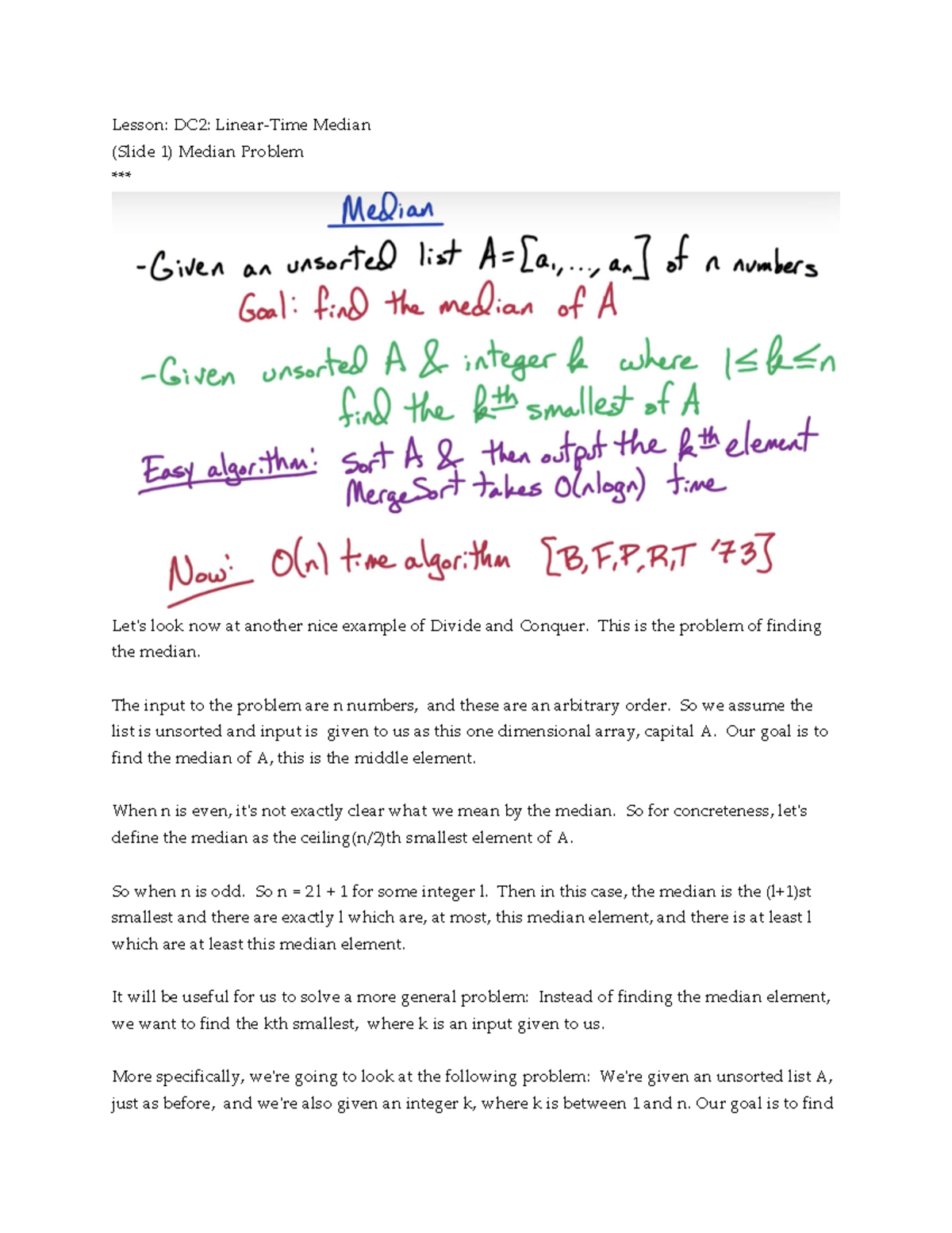 DC2 - Lecture Transcripts - Lesson: DC2: Linear-Time Median (Slide 1 ...