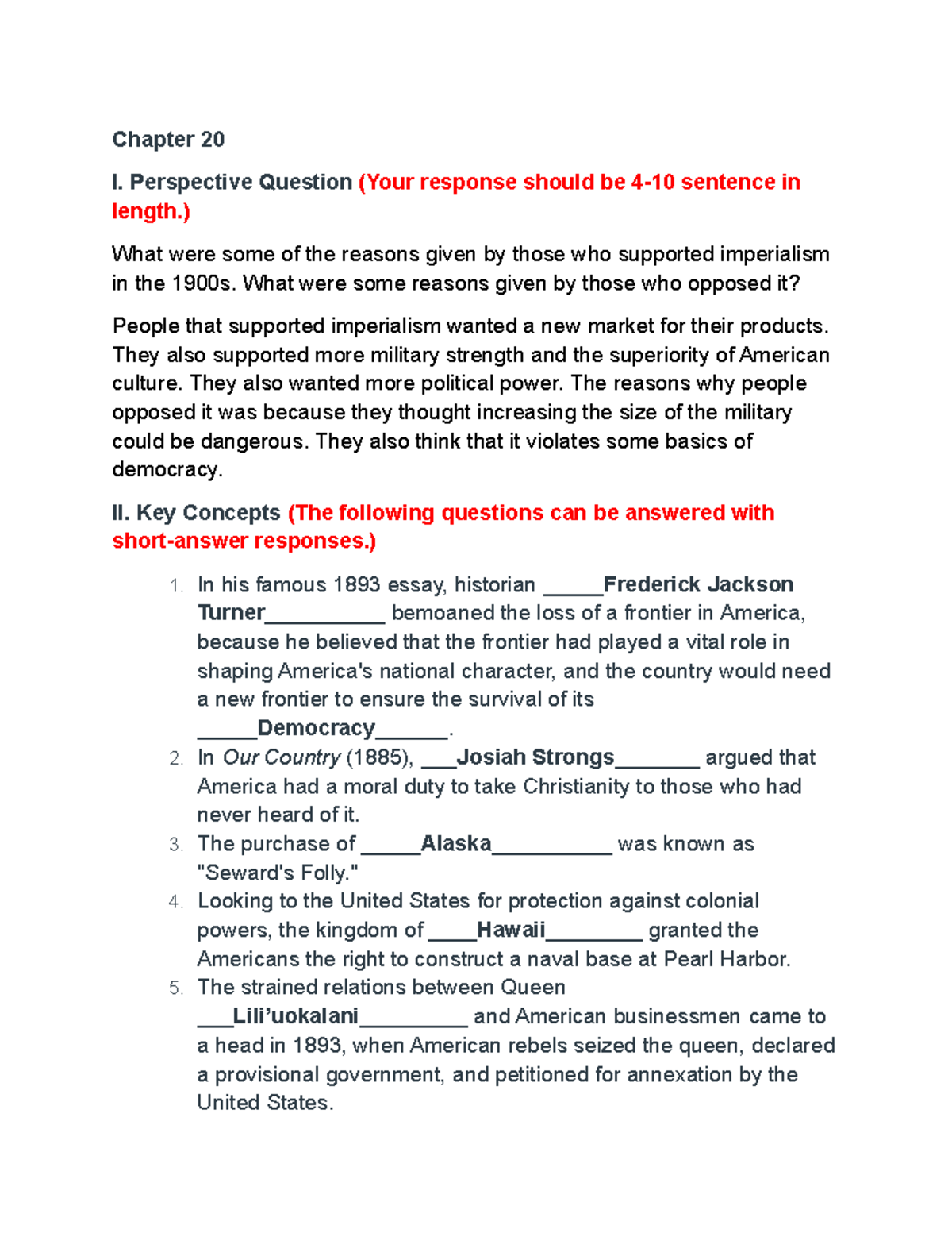 Untitled document - Review for history test - Chapter 20 I. Perspective ...