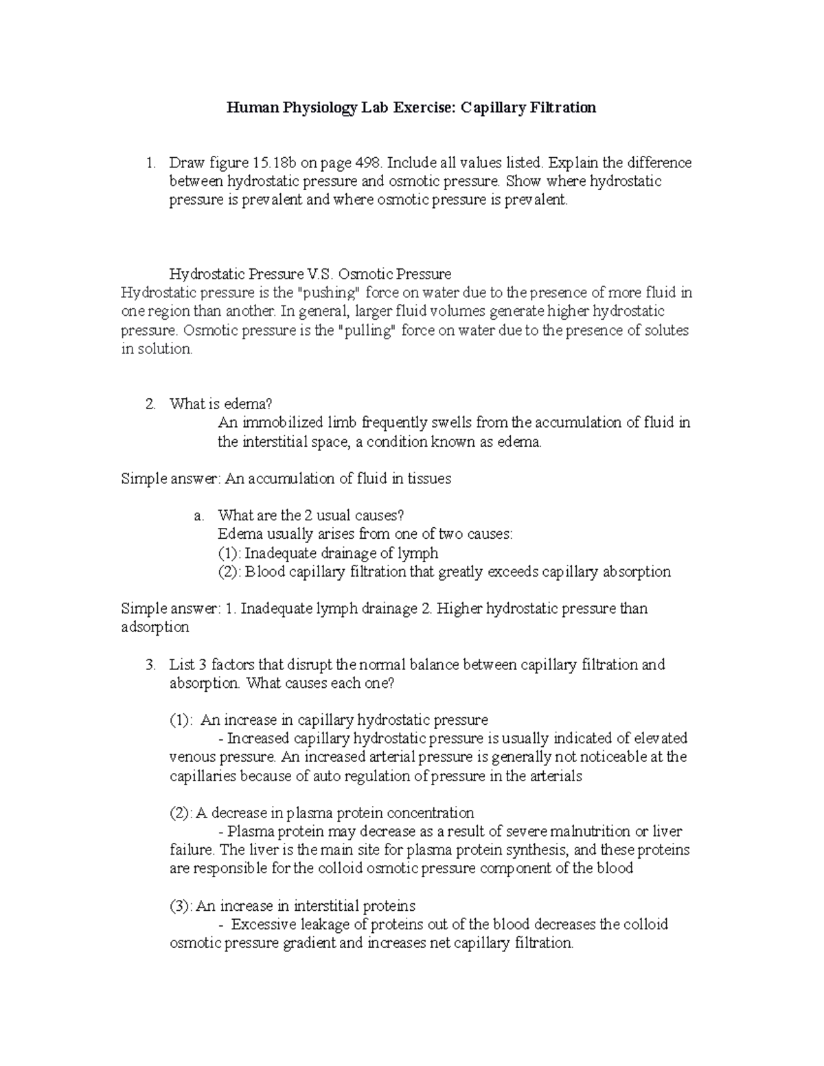 Capillary Filtration Week 10 - Human Physiology Lab Exercise: Capillary ...