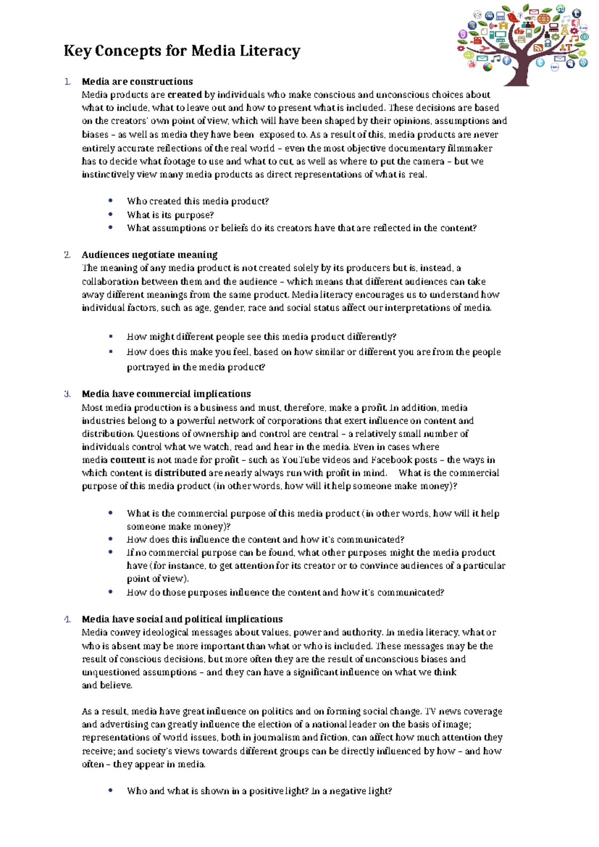 Key concepts for media literacy 1 - Key Concepts for Media Literacy 1 ...