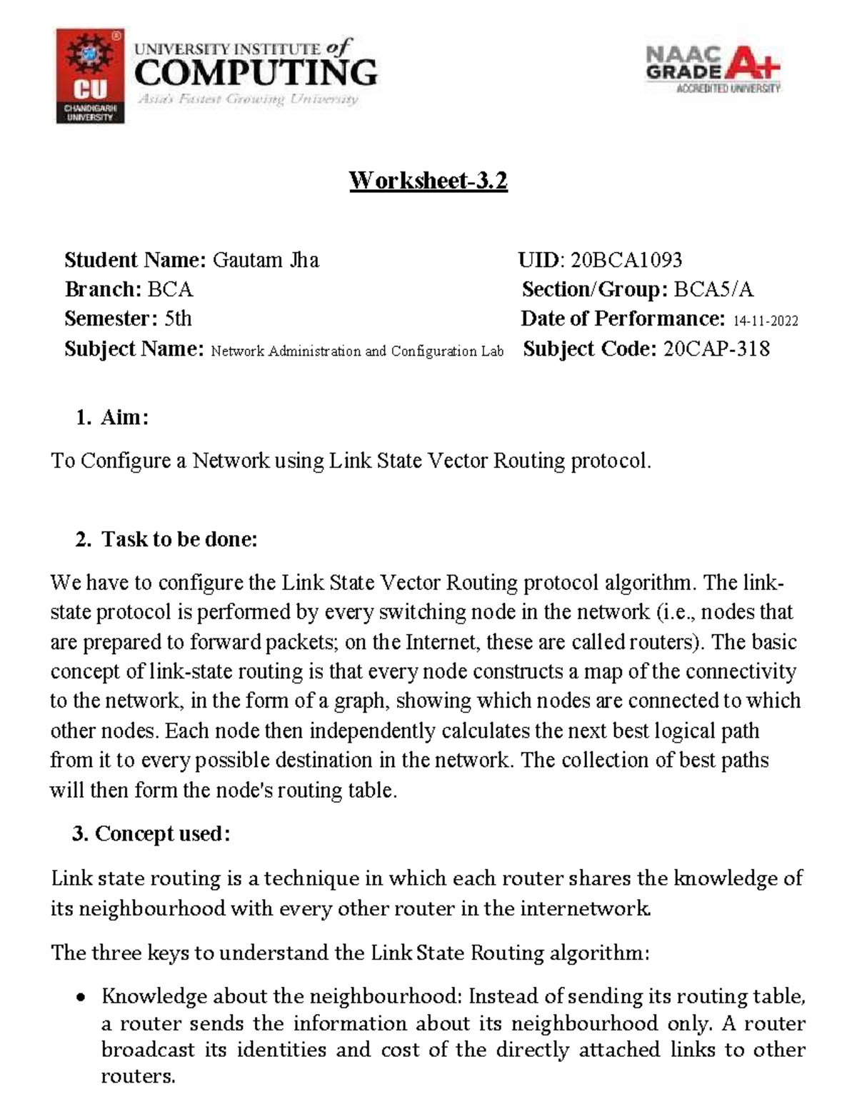 20BCA1093 Gautam Jha NAL 3 - Worksheet-3. Student Name: Gautam Jha UID ...