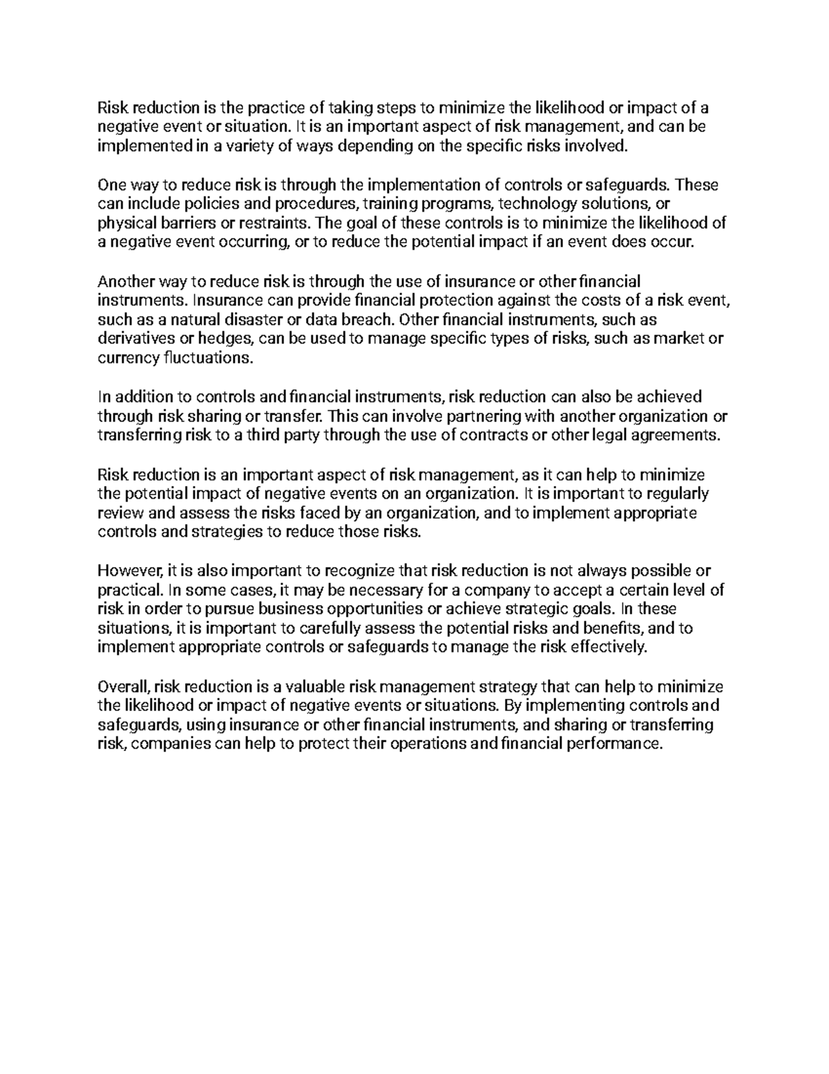 Risk reduction - lecture notes - Risk reduction is the practice of ...