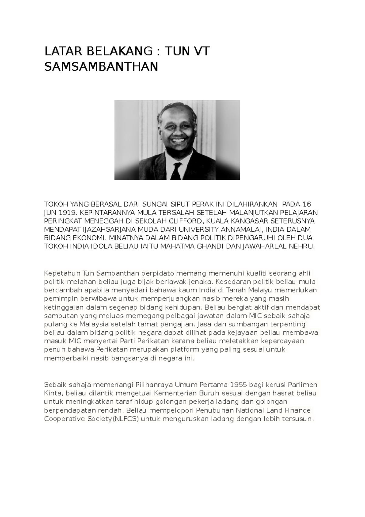 Latar Belakan TUN VT Sambantan - LATAR BELAKANG : TUN VT SAMSAMBANTHAN ...