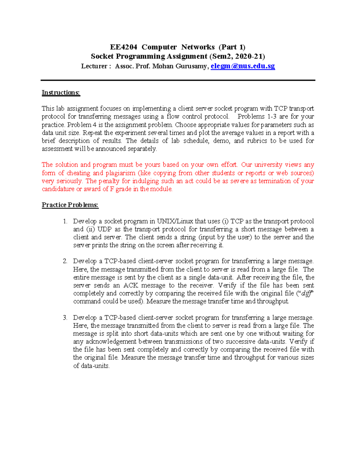 EE4204 Lab Assignment GMohan Jan 2021 - EE4 204 Computer Networks (Part 1) Socket Programming ...
