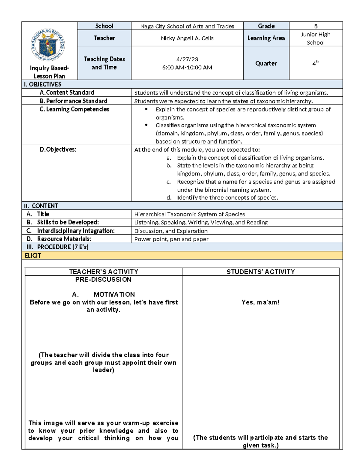 Hierarchical Taxonomic System of Species­ Celis - Inquiry Based- Lesson ...