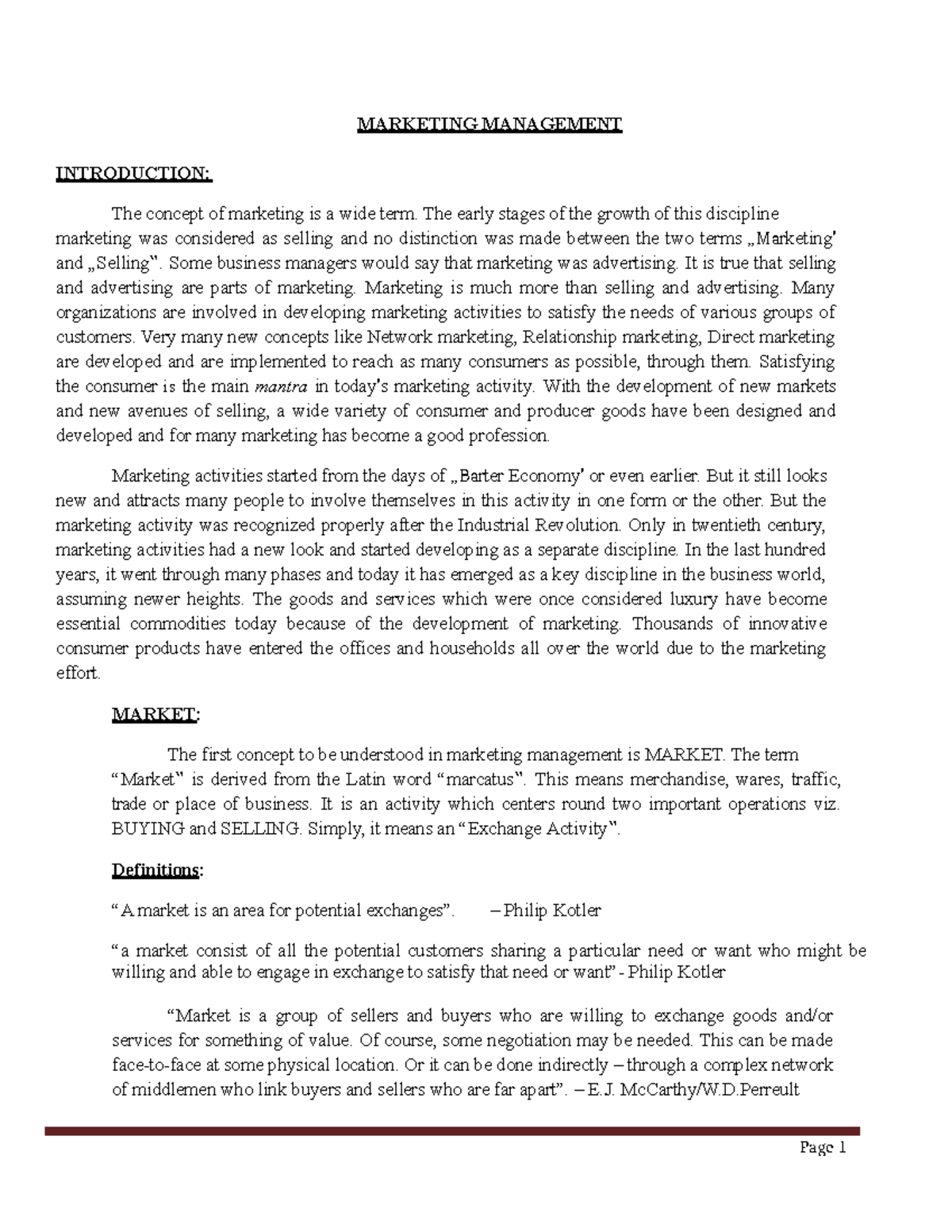 Marketing management Module 1 - Page 1 MARKETING MANAGEMENT INTRODUCTION: The concept of ...