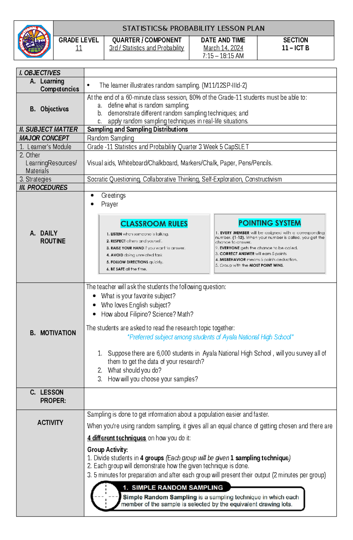 Class Observation 3 - GRADE LEVEL 11 QUARTER / COMPONENT 3rd ...