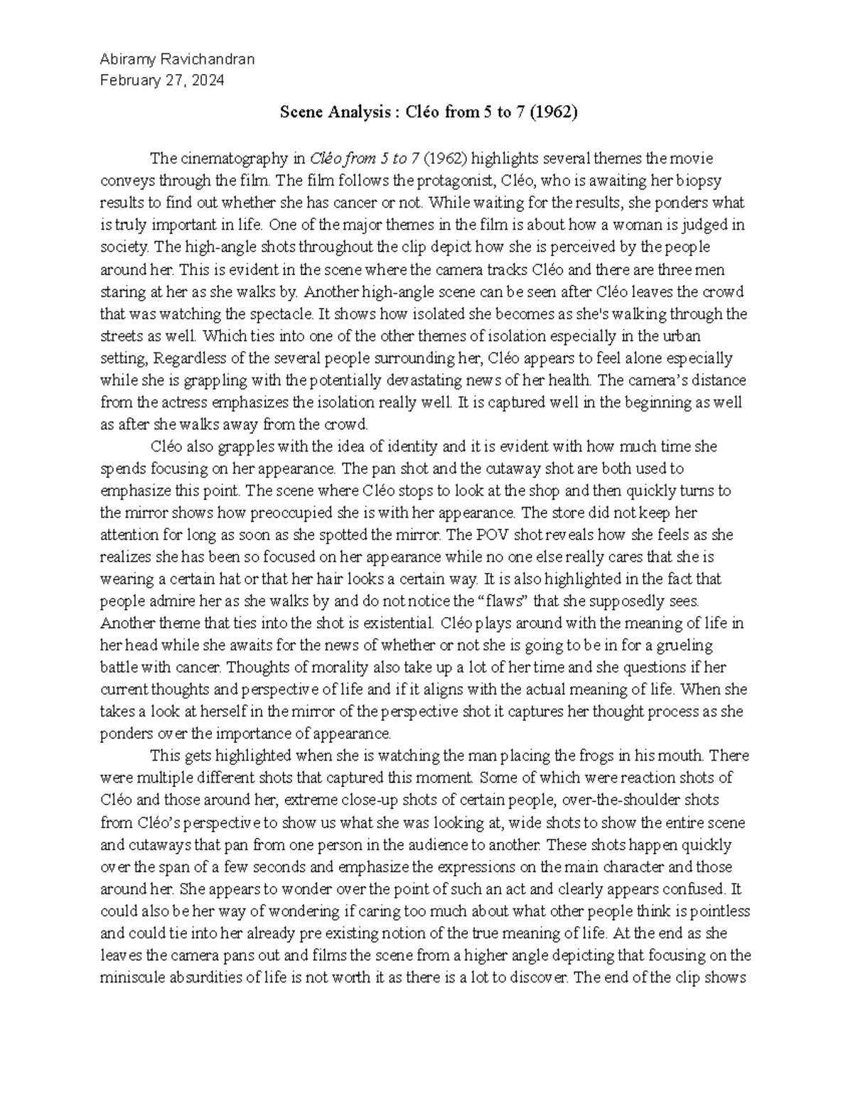 Scene Analysis Cleo from 5 to 7 (1962) (1) - Abiramy Ravichandran February 27, 2024 Scene ...