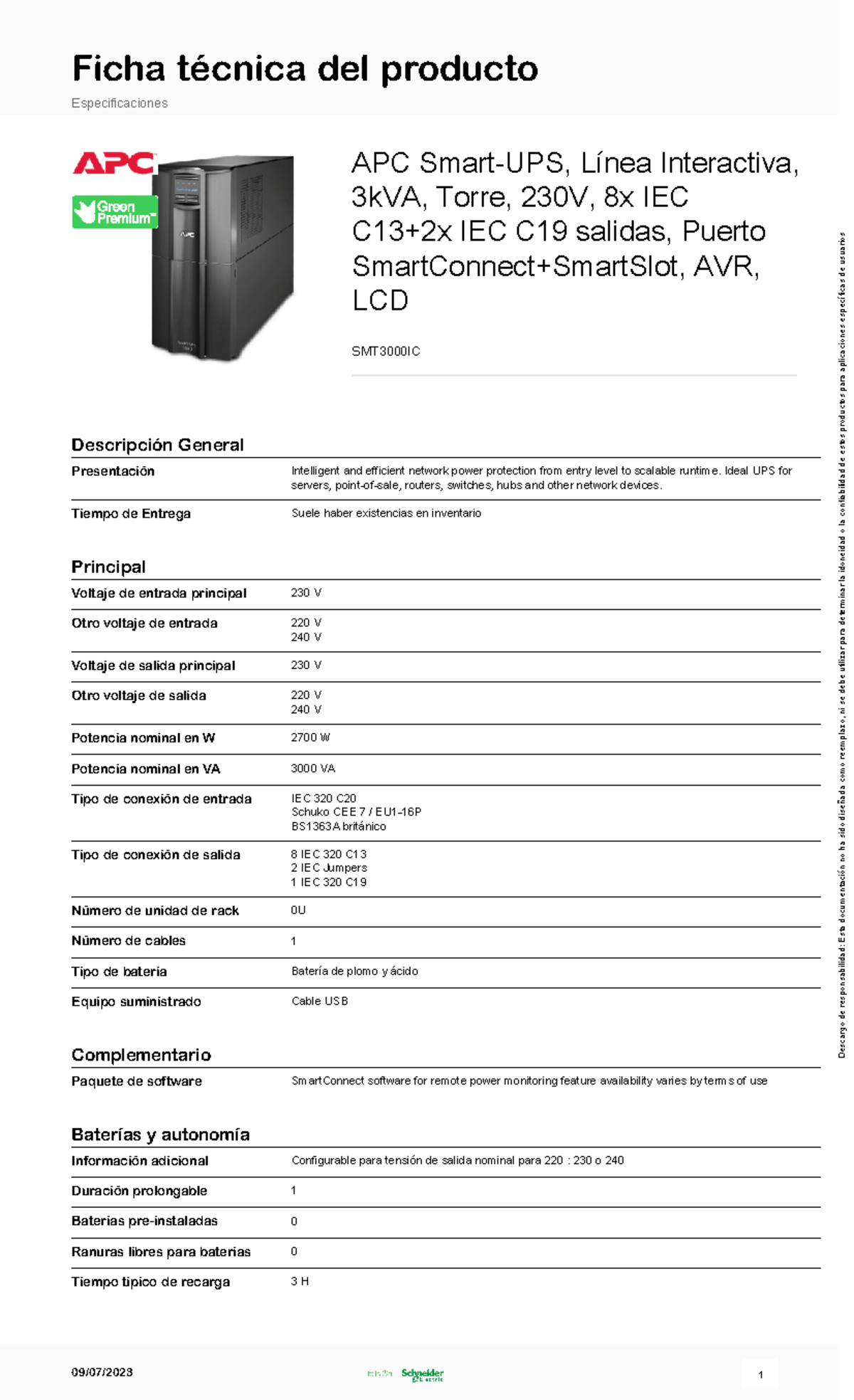 Smart-UPS SMT3000IC - ejerccicio - Ficha técnica del producto Especificaciones APC Smart-UPS ...