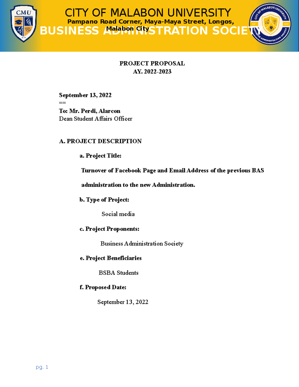 BAS FB PAGE Proposal - PROJECT PROPOSAL AY. 2022- September 13, 2022 To ...