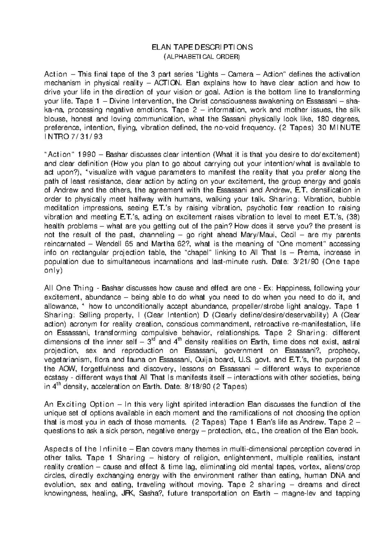 Tape Descriptions - ELAN TAPE DESCRIPTIONS ( ALPHABETICAL ORDER) Action ...