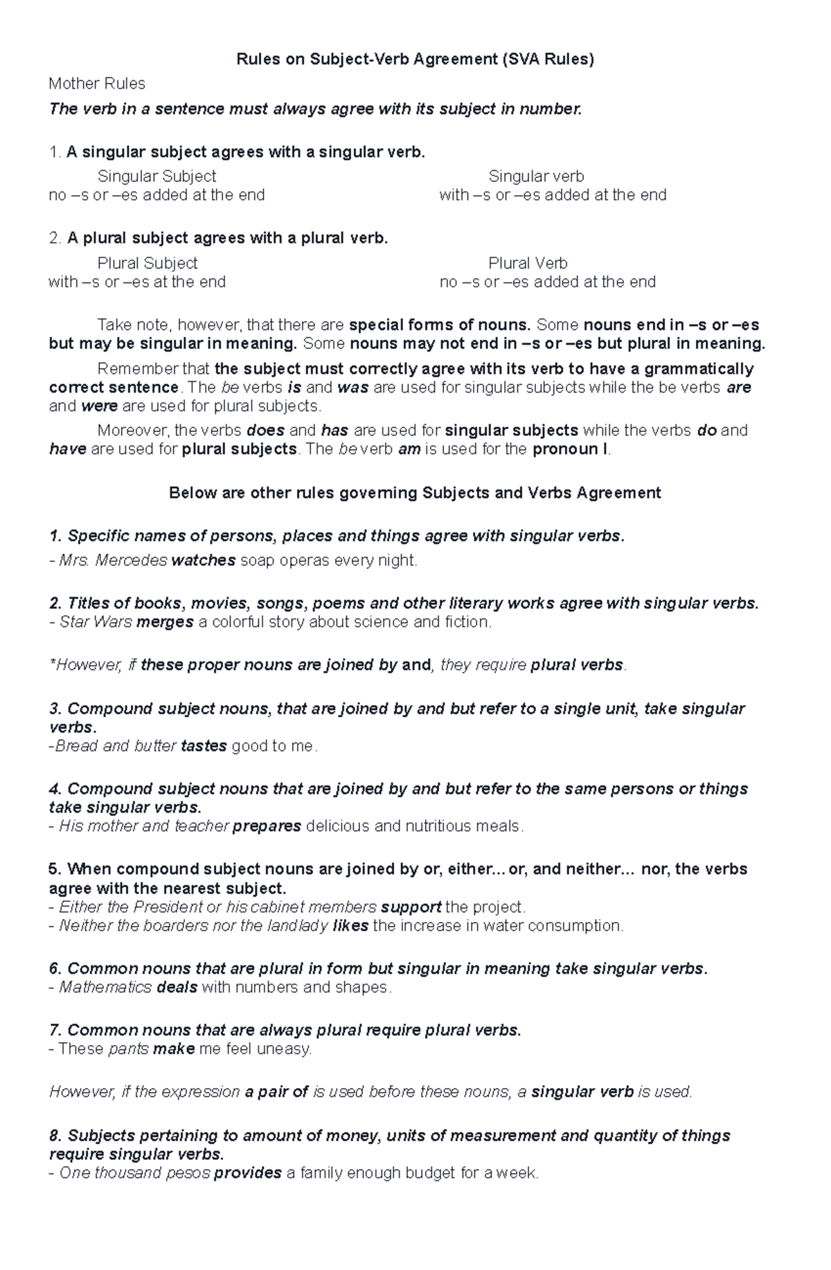 SVA - Nothing - Rules on Subject-Verb Agreement (SVA Rules) Mother ...