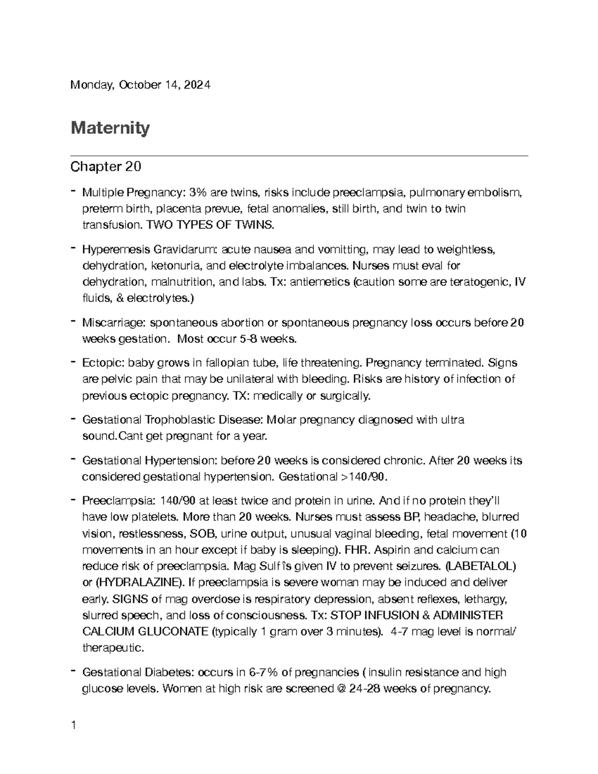 Mother BABY Notes - Monday, October 14, 2024 Maternity Chapter 20 ...