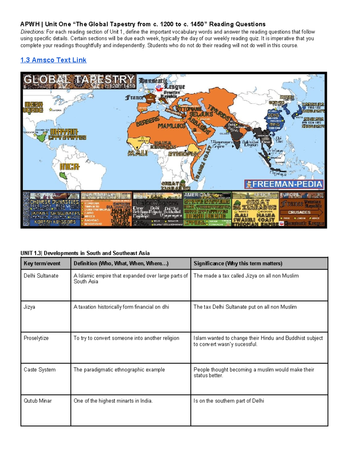 1.3 Amsco Reading Guide - APWH | Unit One “The Global Tapestry from c ...