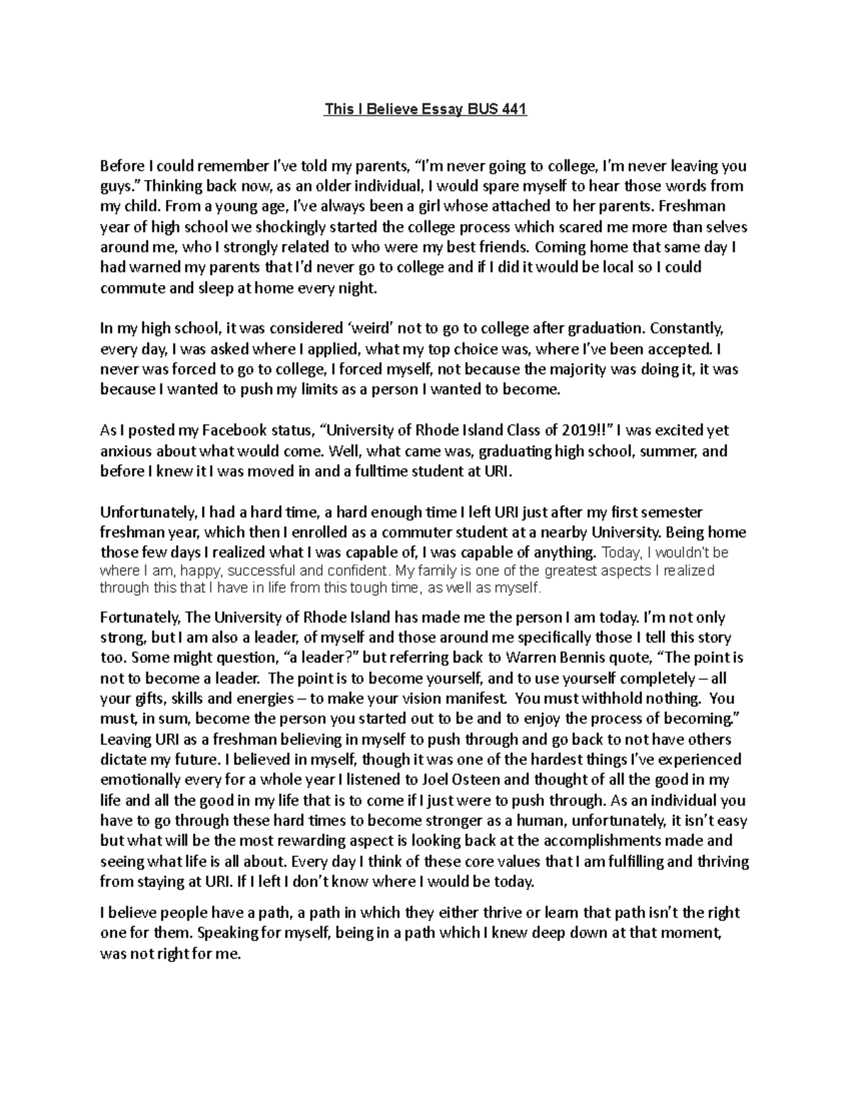 THIS I Believe #1 - This I Believe Essay BUS 441 Before I could ...