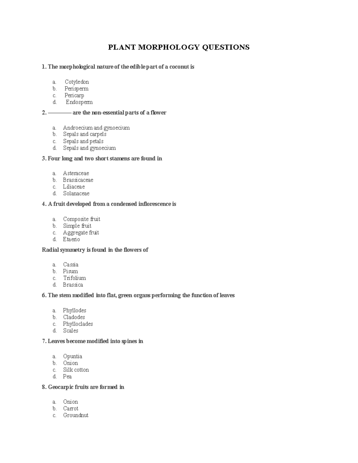 Plant Morphology, Anatomy AND Transport Questions - PLANT MORPHOLOGY ...