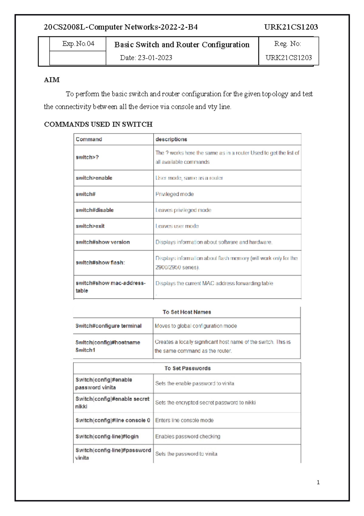EXP04-CN-1203 - AIM To perform the basic switch and router ...