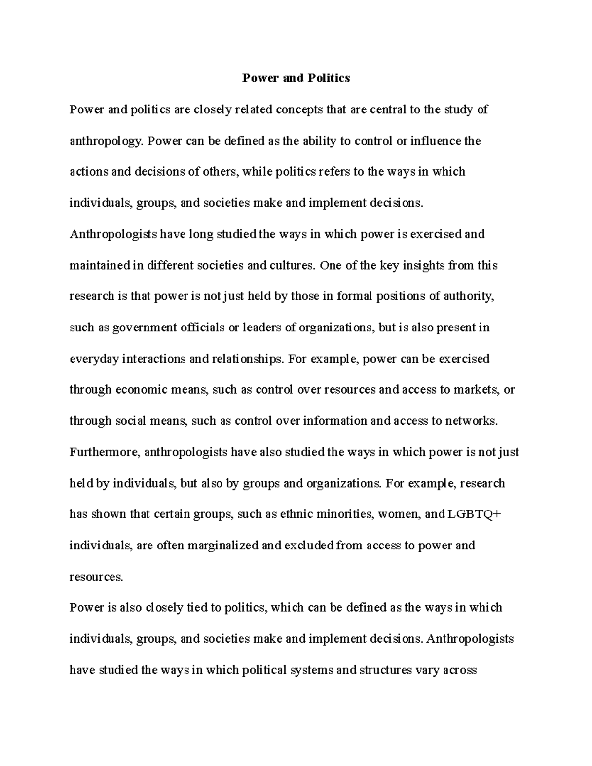 Power and Politics - Class notes - Power and Politics Power and ...