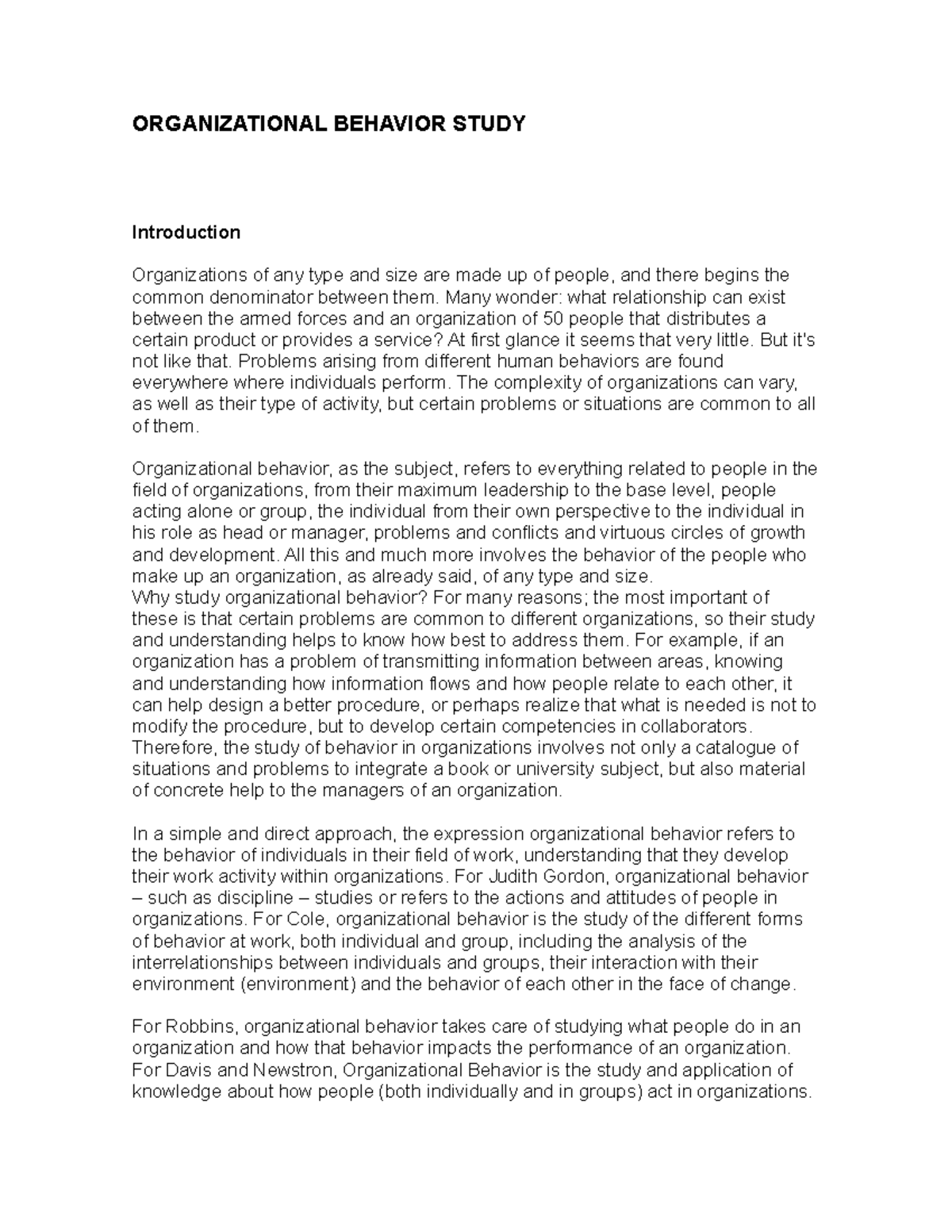 Organizational behavior study - ORGANIZATIONAL BEHAVIOR STUDY ...