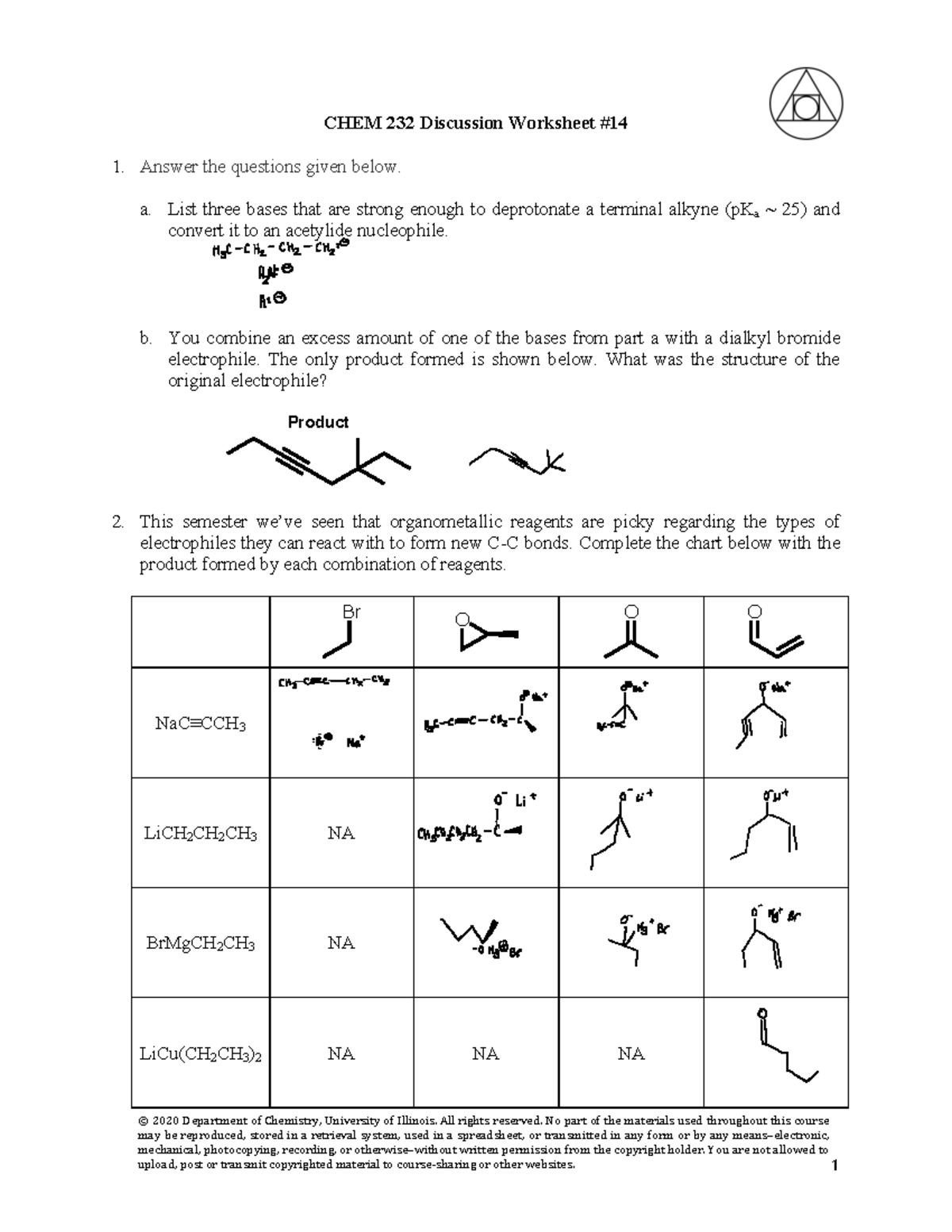 Disc Worksheet 14 - 1 CHEM 232 Discussion Worksheet 1. Answer the ...