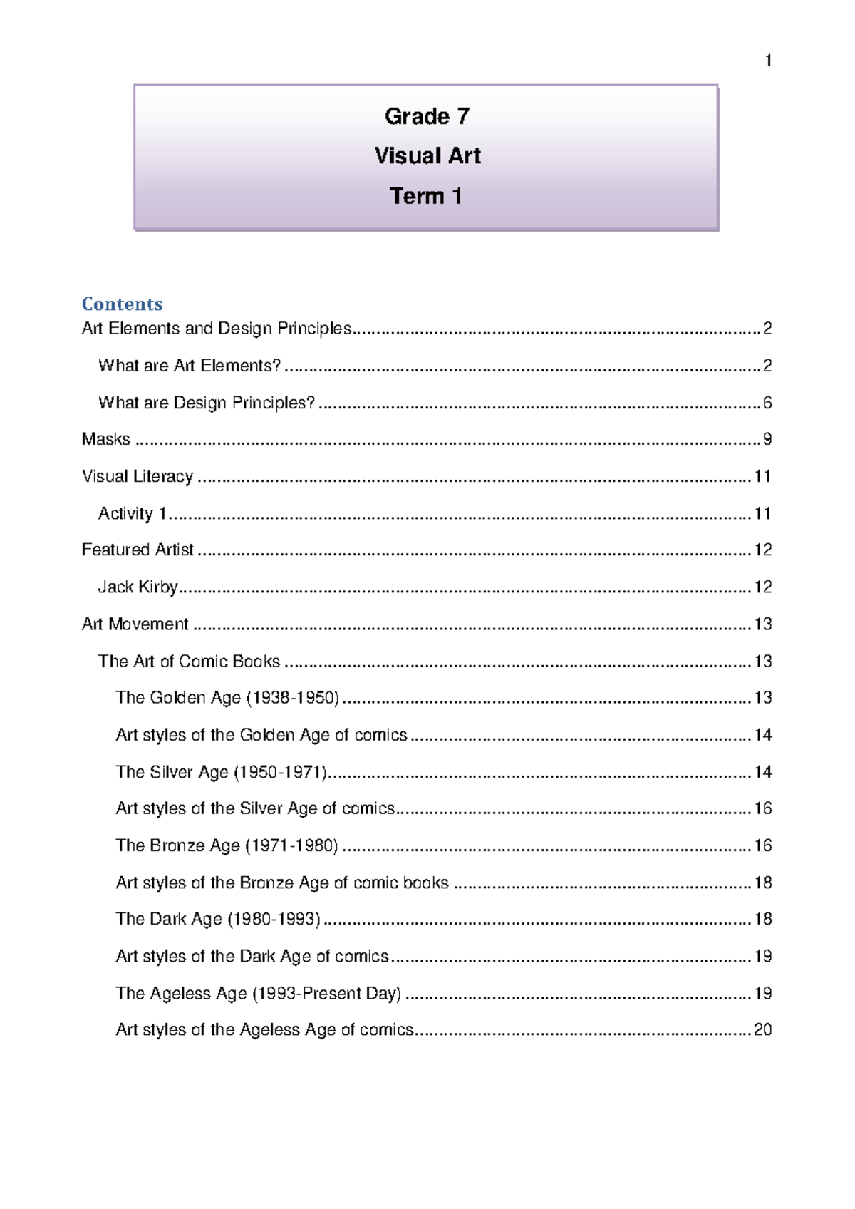 Grd 7 Visual Art T1 2018 edit approved - Visual Art - Grade - Term Art ...