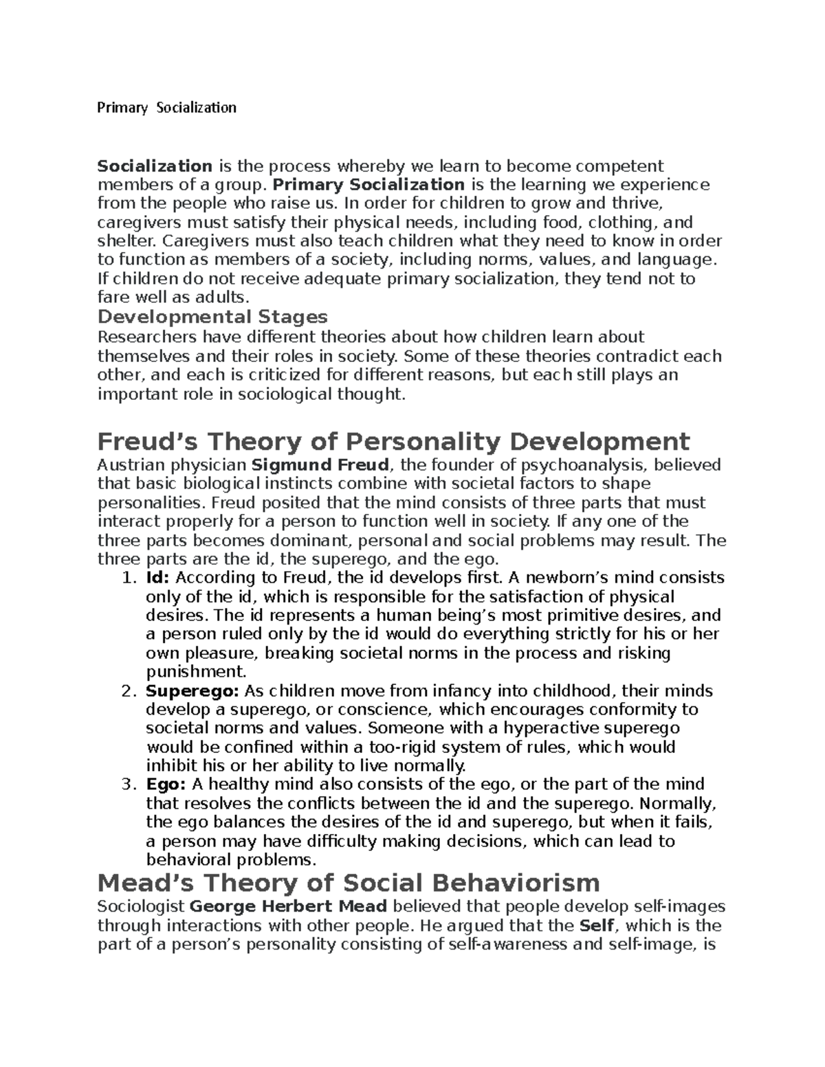 Sociology Part 3 - Notes - Primary Socialization Socialization is the ...