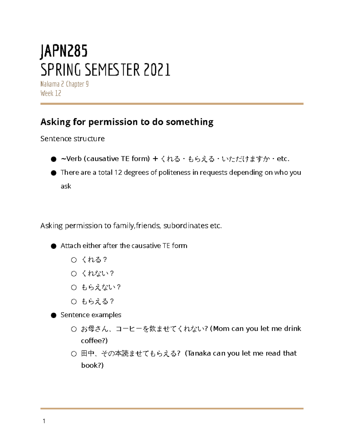 2021-Japanese 285-lecture notes Pt2 week12 - JAPN SPRING SEMESTER 2021 ...
