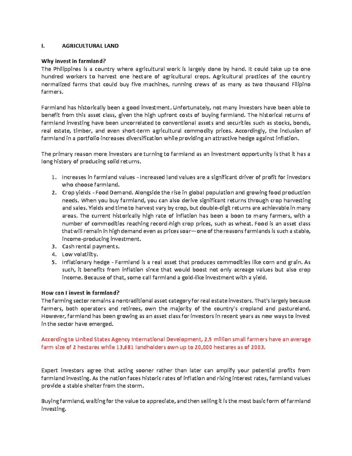 Report on agricultural and raw lands - I. AGRICULTURAL LAND Why invest ...