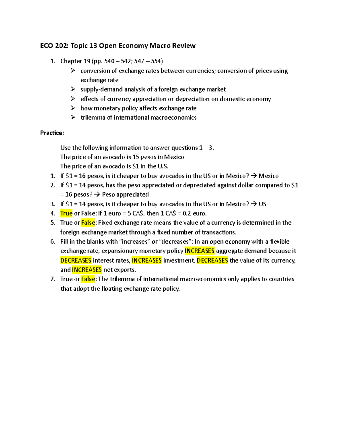 Topic 13 answers - ECO 202: Topic 13 Open Economy Macro Review Chapter ...