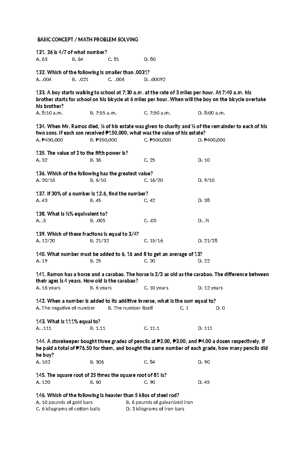 MATH Problem Solving and Basic Concepts 131 210 - BASIC CONCEPT / MATH PROBLEM SOLVING 36 is 4/7 ...