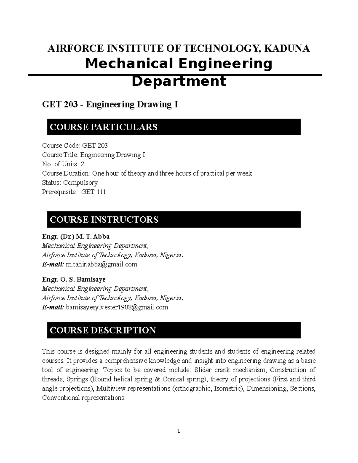 Engineering Drawing note (GET 203) Note - AIRFORCE INSTITUTE OF ...
