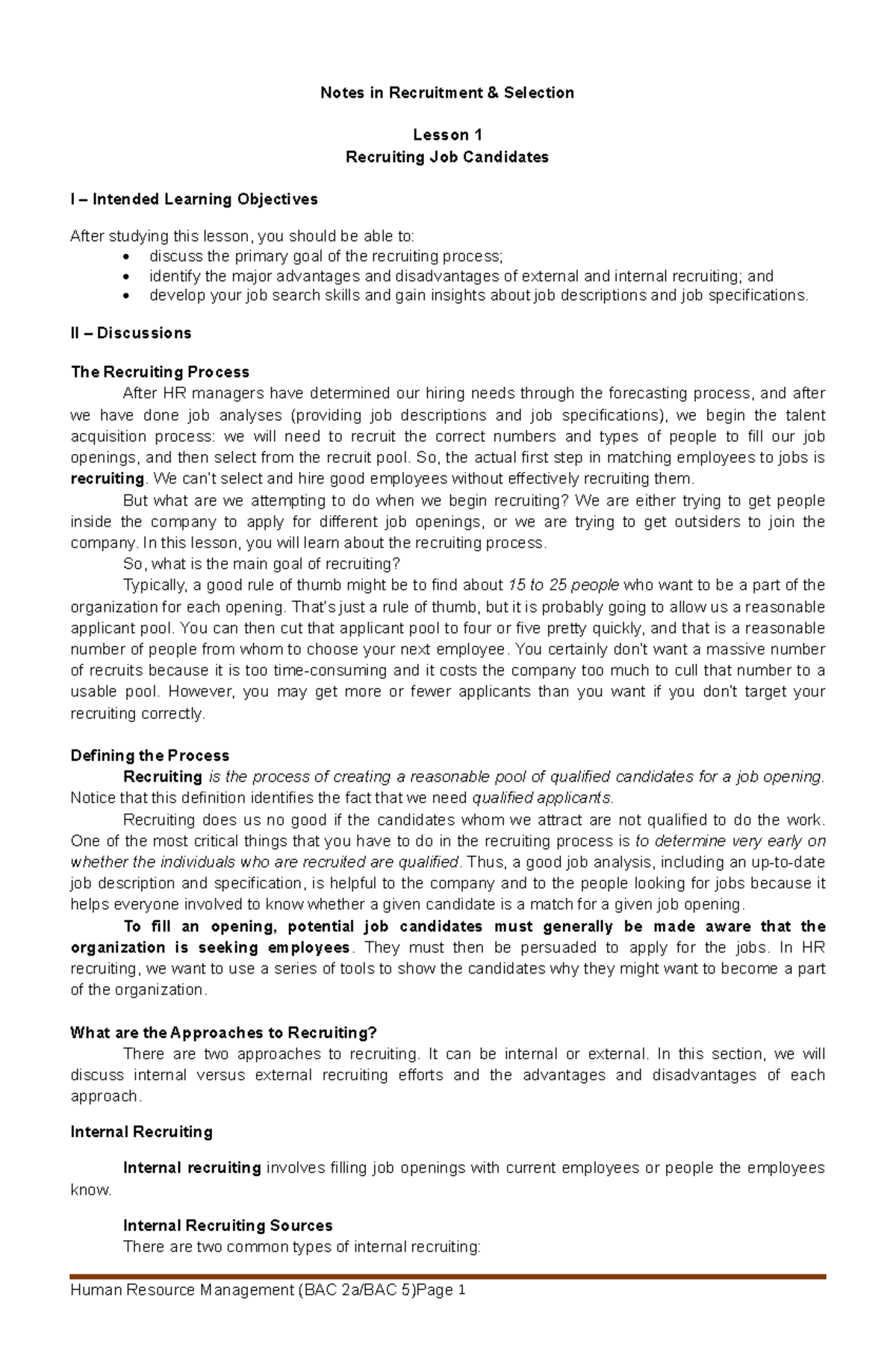 Notes in Recruitment & Selection - Notes in Recruitment & Selection ...
