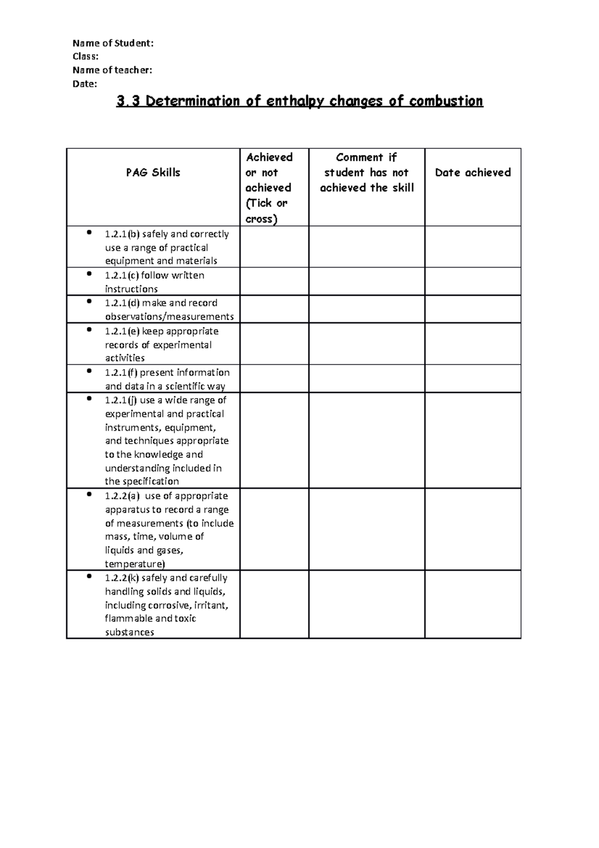 PAG Checklist Template - Name of Student: Class: Name of teacher: Date ...
