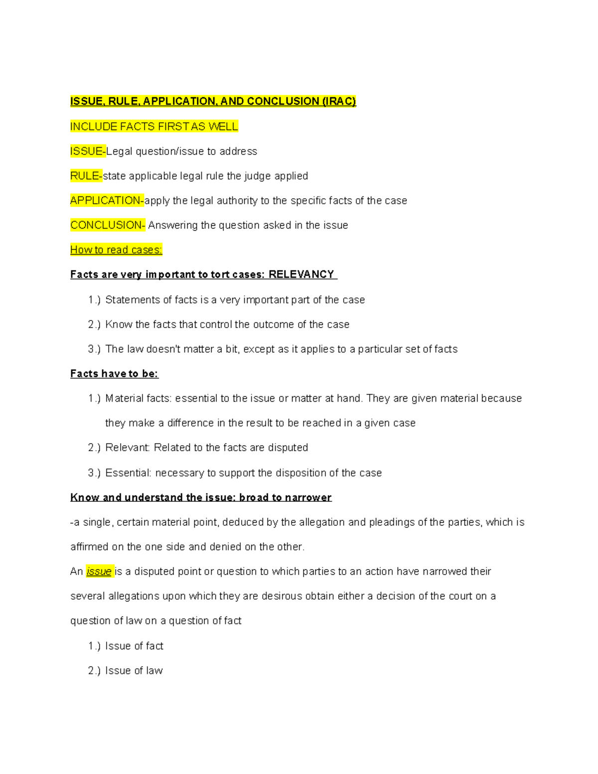 Torts notes - ISSUE, RULE, APPLICATION, AND CONCLUSION (IRAC) INCLUDE ...