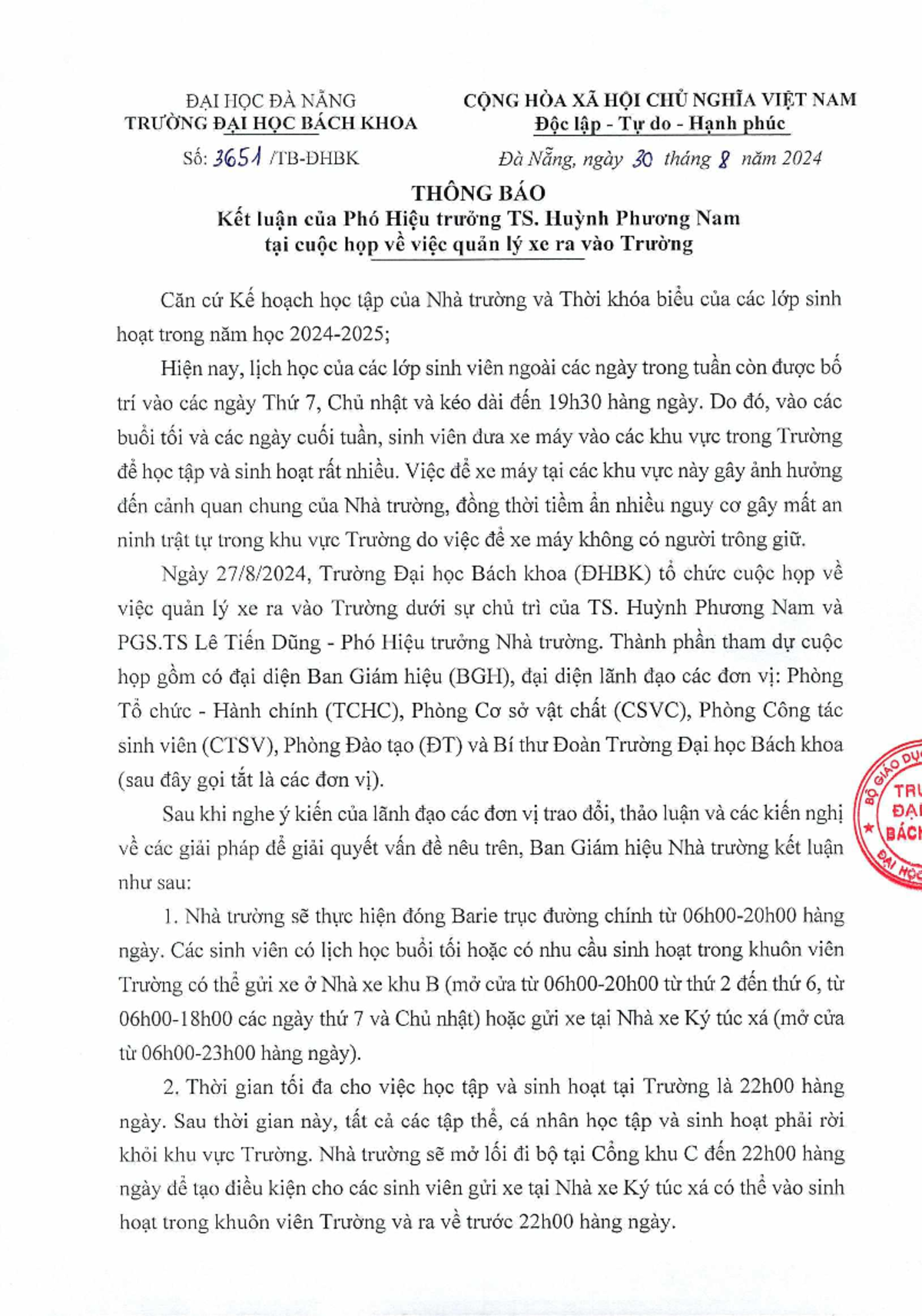 3651 TB ket luan cua PHT Huynh Phuong Nam tai cuoc hop vv quan ly xe ra ...