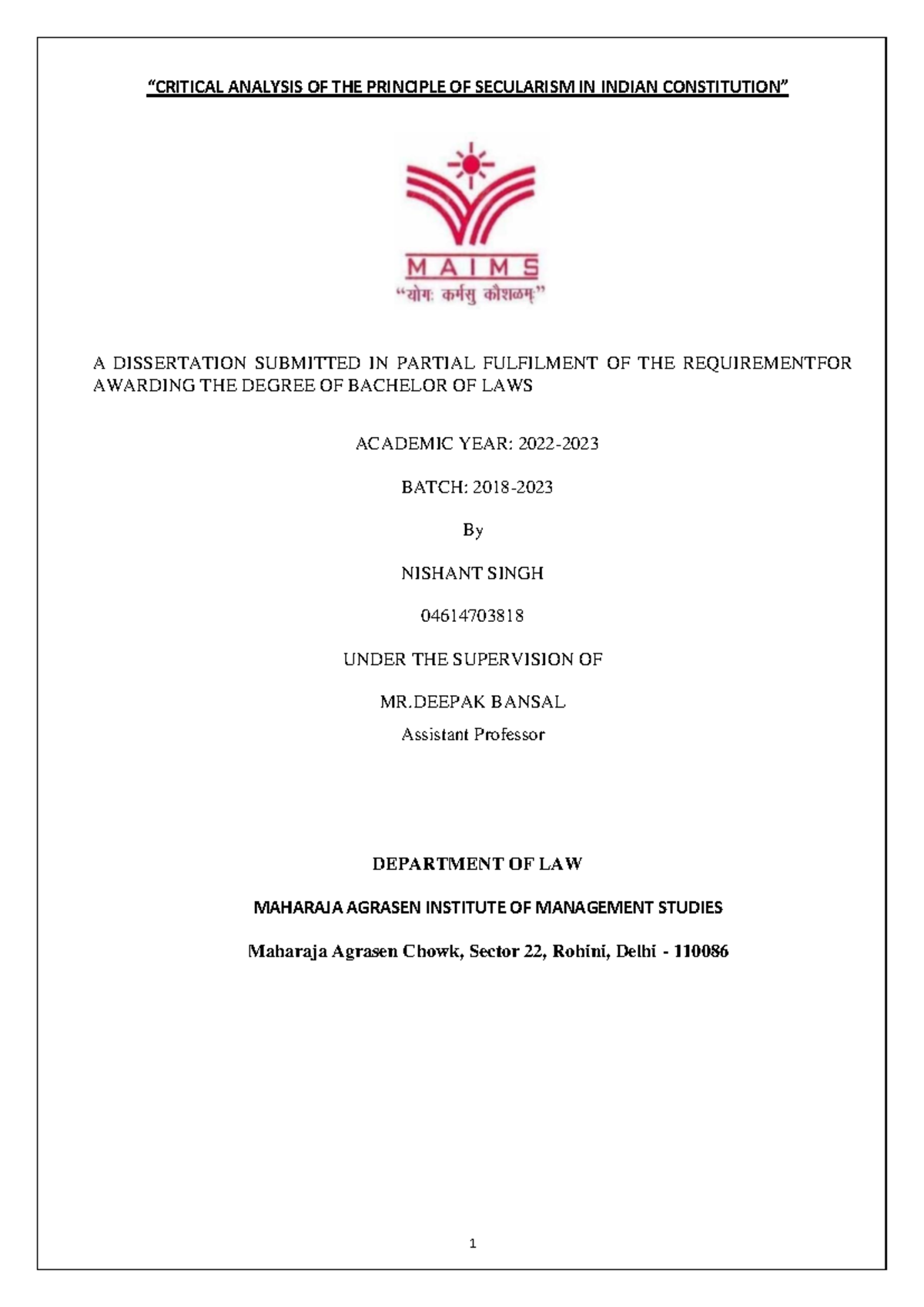 Critical Analysis OF THE Principle OF Secularism-1 - “CRITICAL ANALYSIS ...