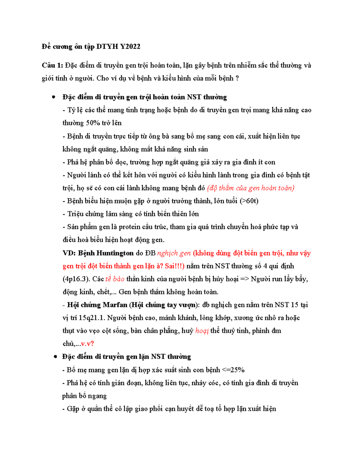 DTYH (CH & ĐÂn) - 2023 - Đề cương ôn tập DTYH Y Câu 1: Đặc điểm di ...