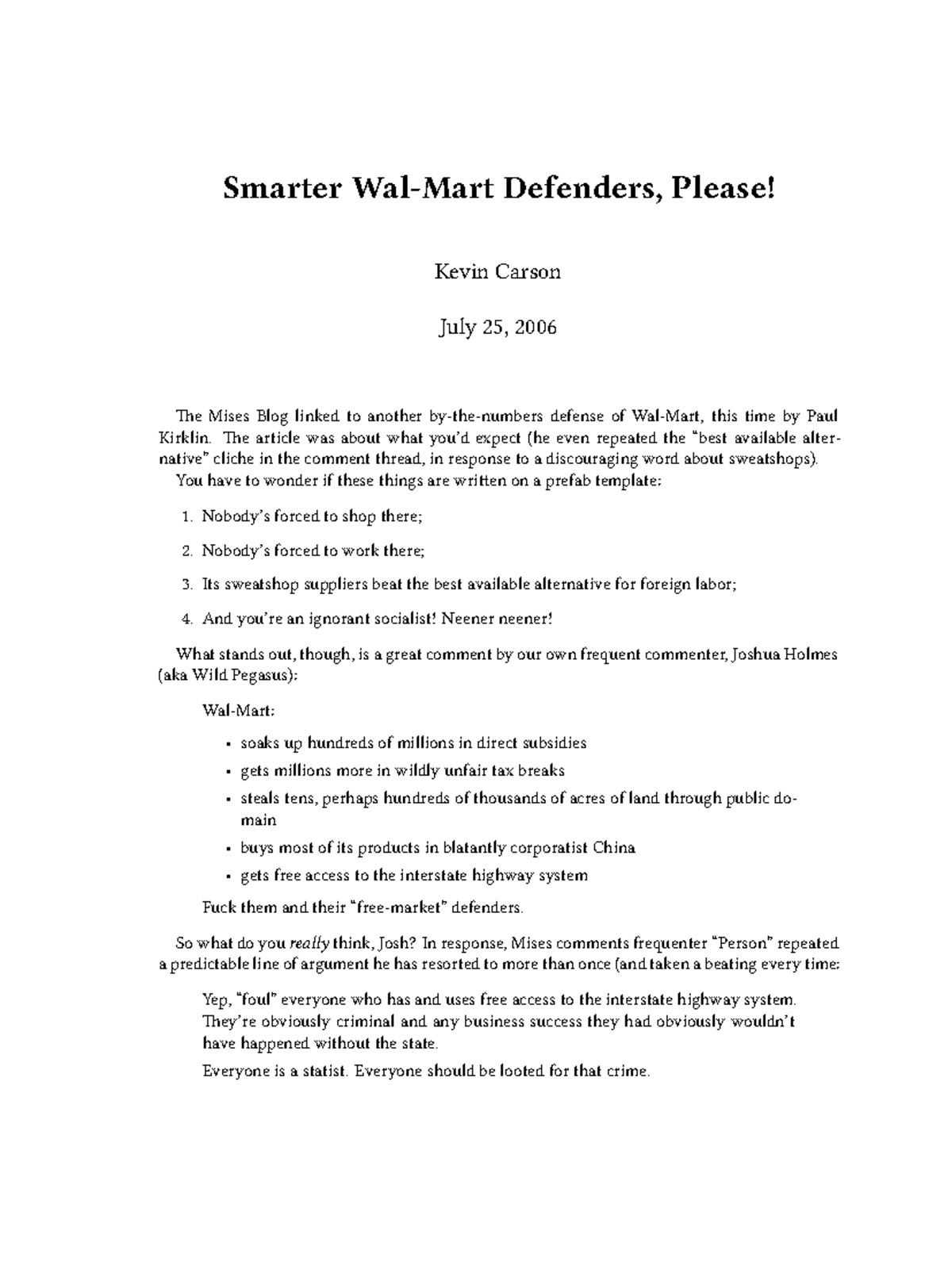 Kevin carson smarter wal mart defenders please - Smarter Wal-Mart ...