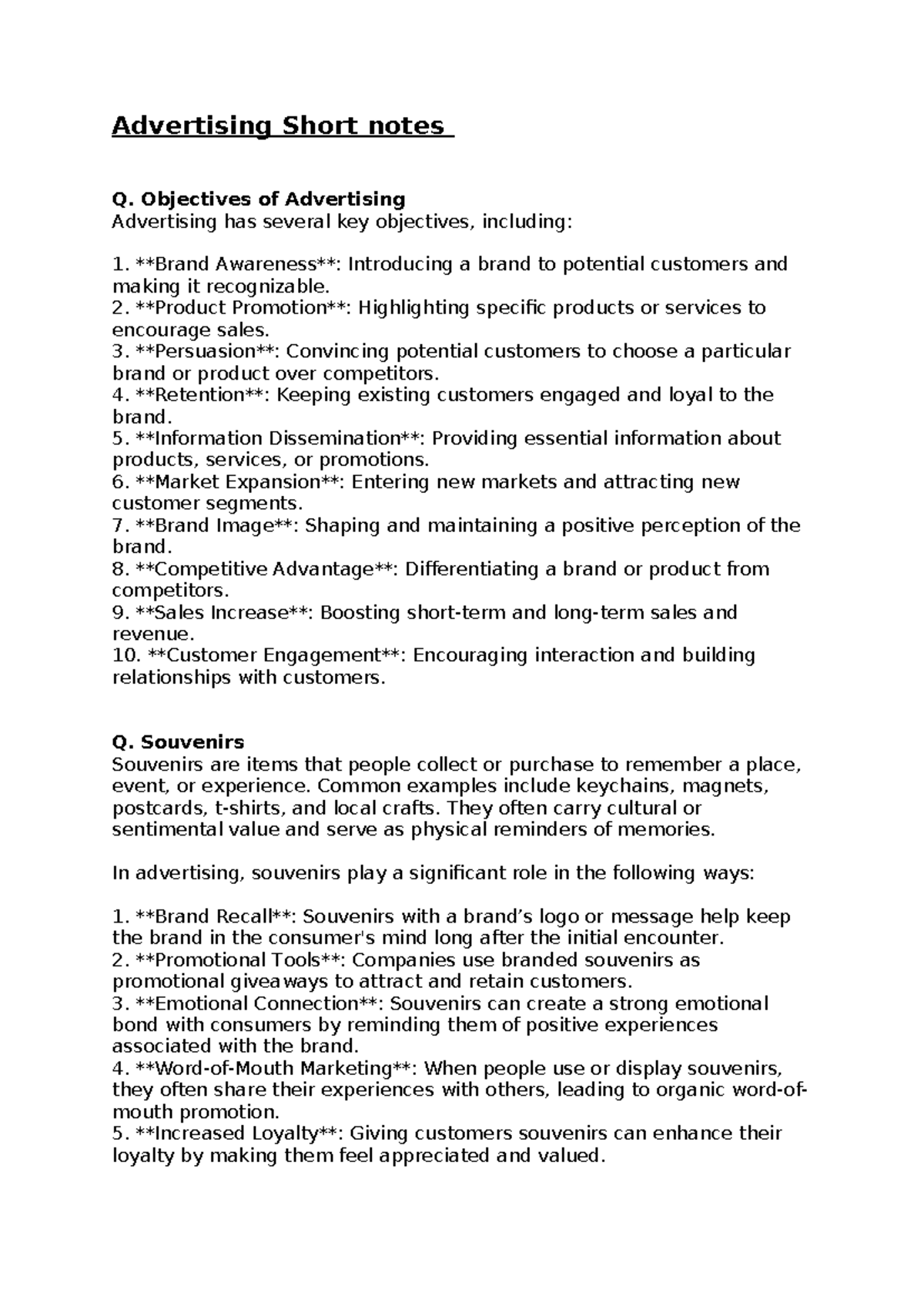 Adv short notes - Advertising Short notes Q. Objectives of Advertising ...