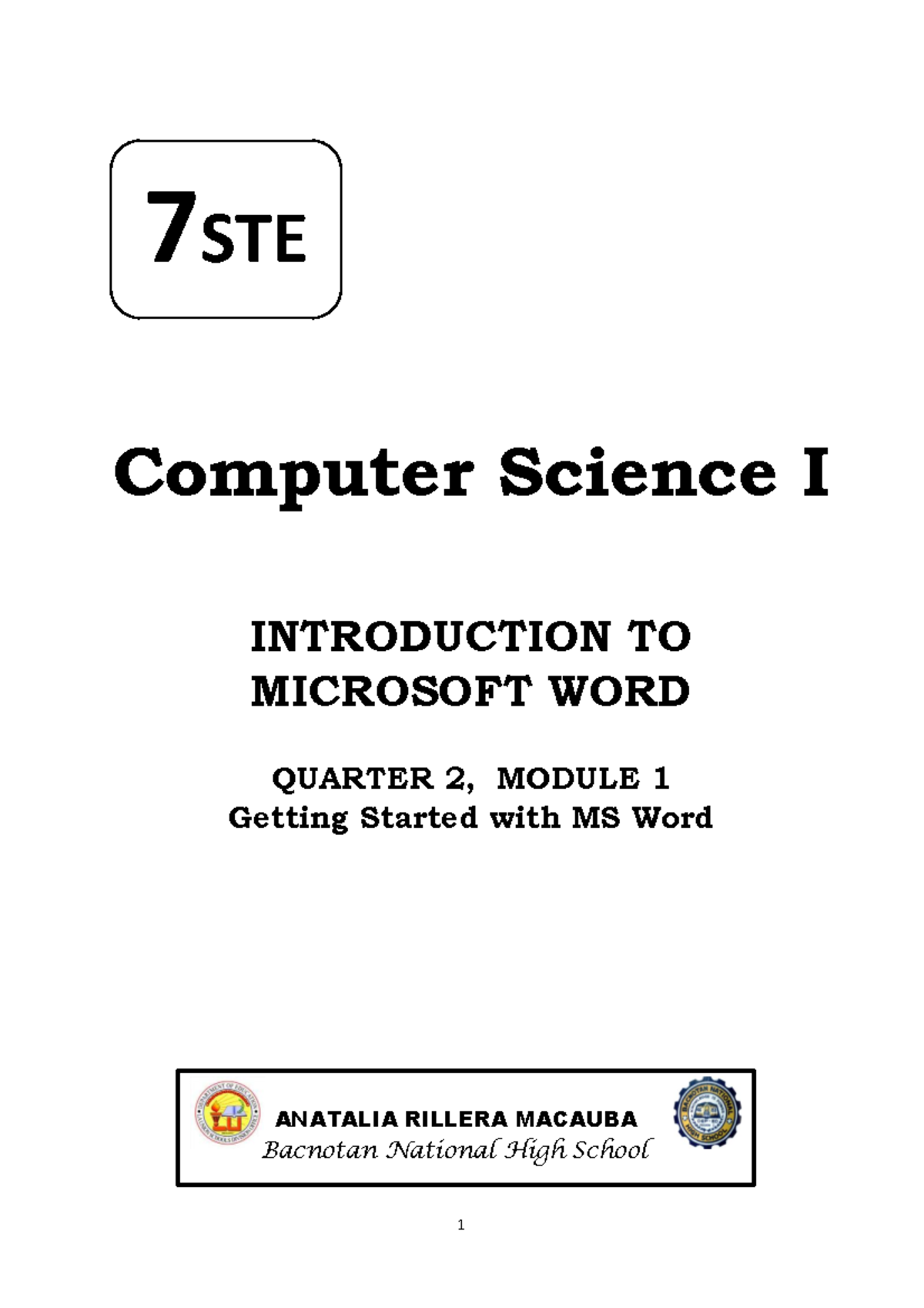 Q2 M1 Computer- Science-I - Computer Science I INTRODUCTION TO ...