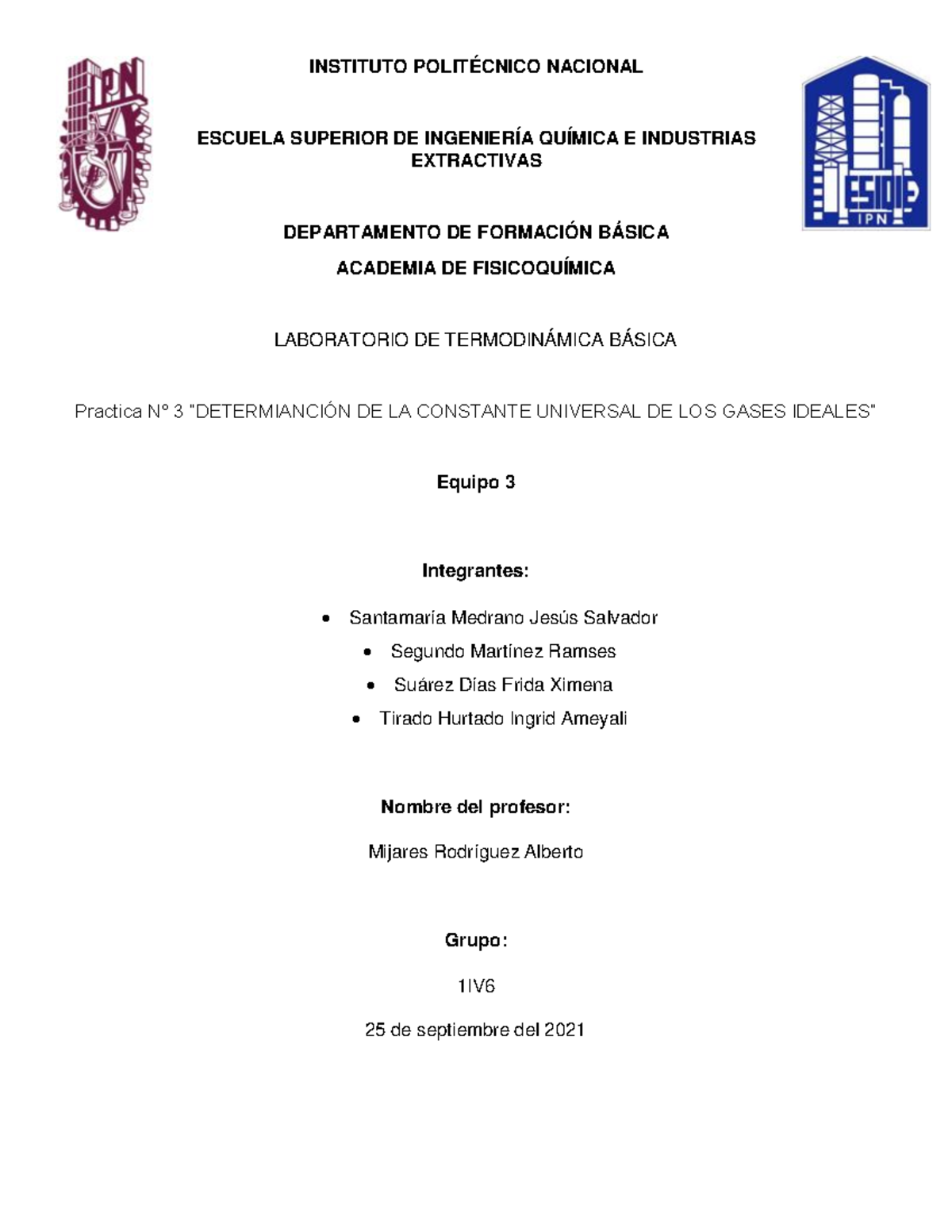 Practica Numero 3 Laboratorio de termodinámica básica - INSTITUTO POLITÉCNICO NACIONAL ESCUELA ...